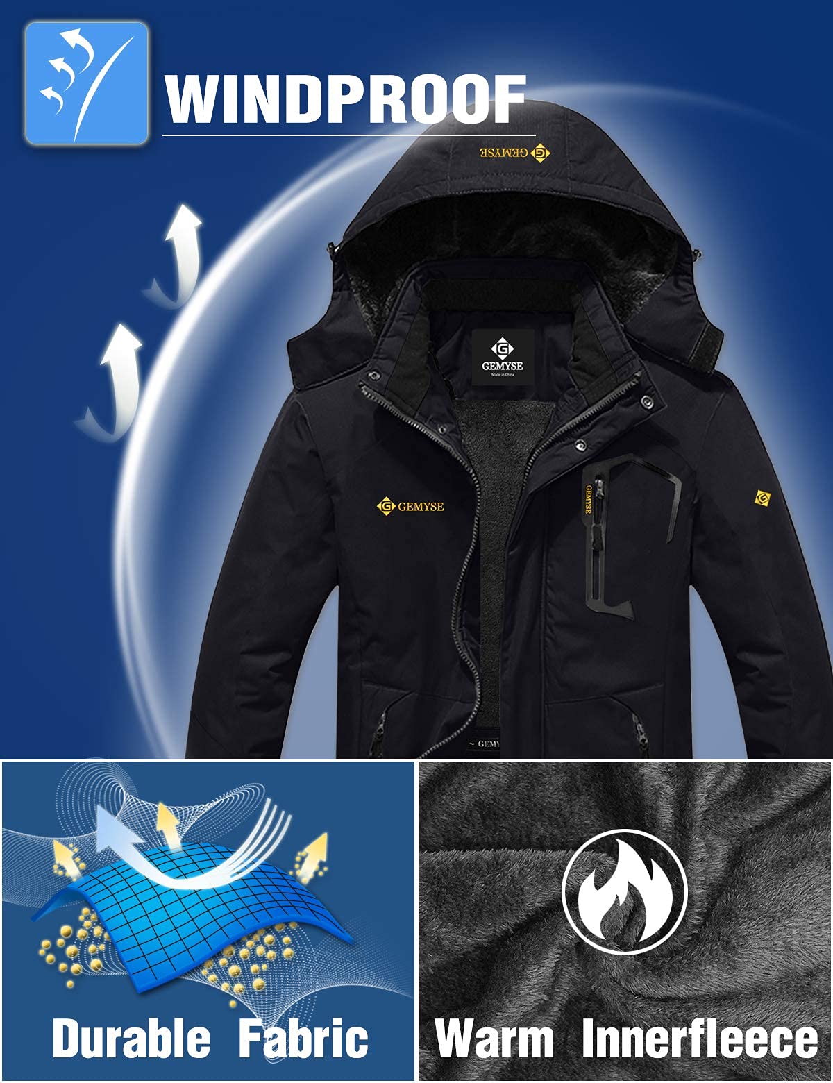 GEMYSE Men's Mountain Waterproof Ski Snow Jacket Winter Windproof Rain Jacket (Black,Large)