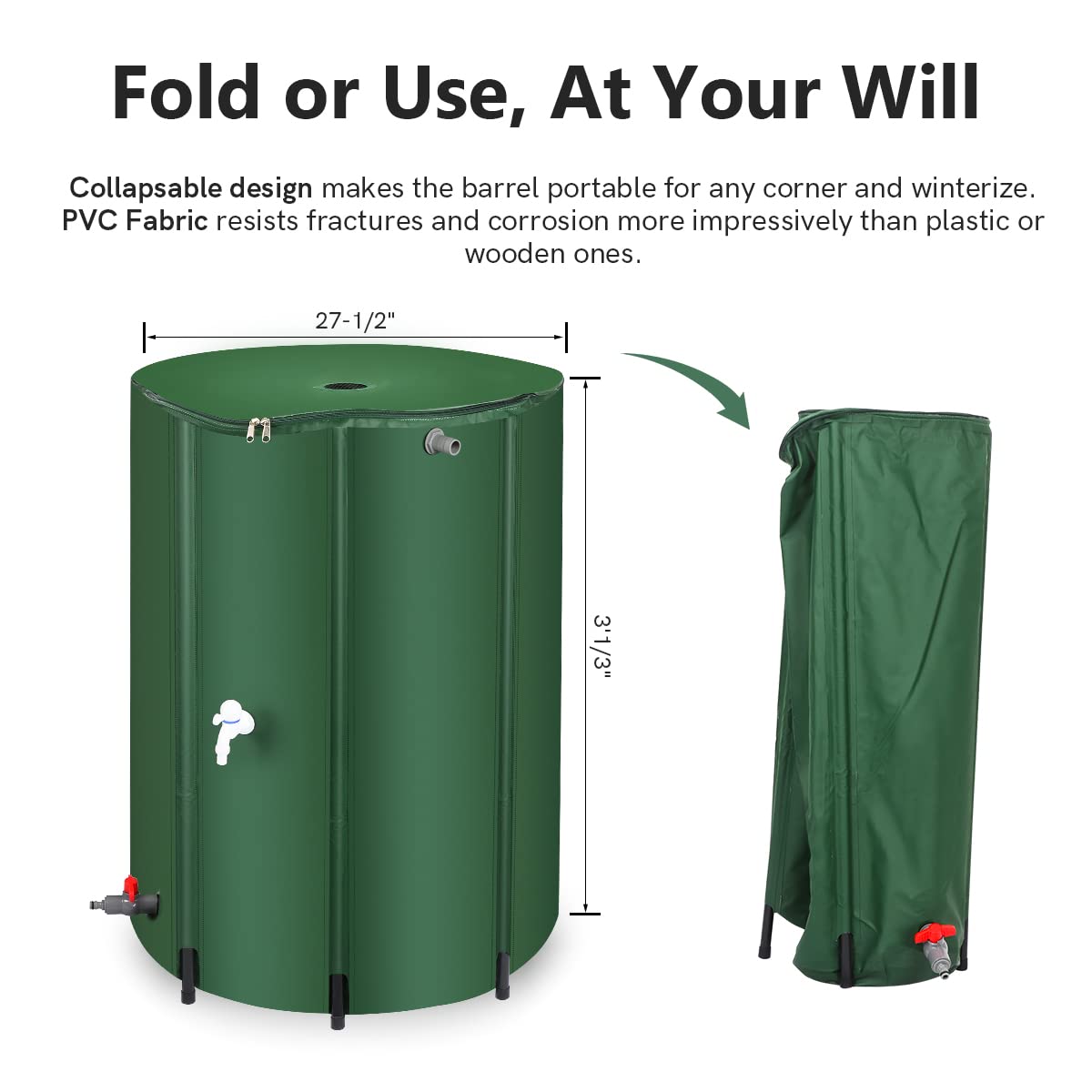 Fulgutonit 100 Gallon Rain Barrel, 100 Gal Gutter Rain Water Collection Barrel w/ 3/4" Shut Off Ball Valve, Faucet & Overflow, Collapsable Anti-Corruption PVC