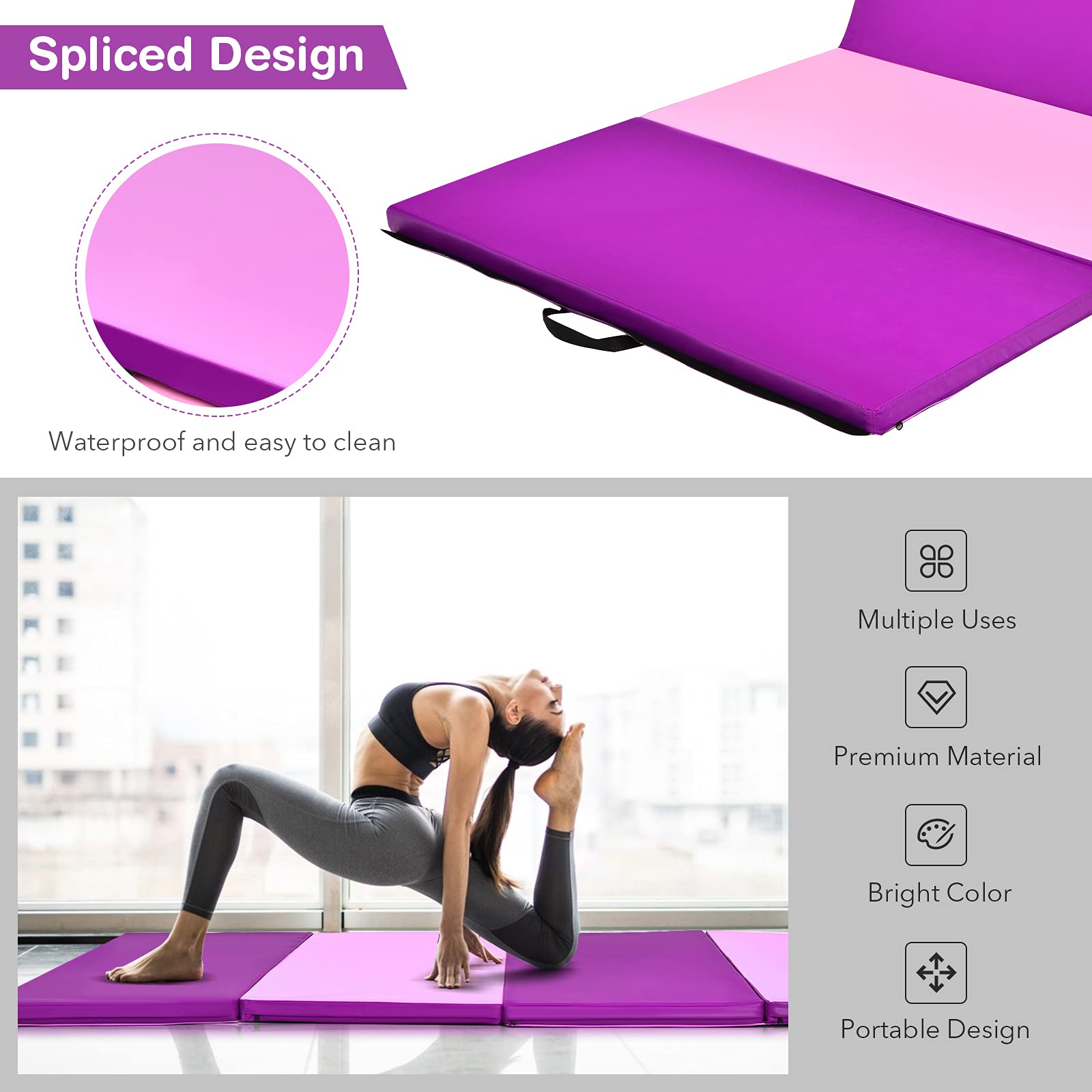 Giantex 4' x 8' x 2" Folding Gymnastics Mat, Gym Exercise Pad with Carrying Handles, Hook and Loop Fastener, 4 Panel Tumbling Mat for Yoga, Stretching, Workouts (Pink/Purple)