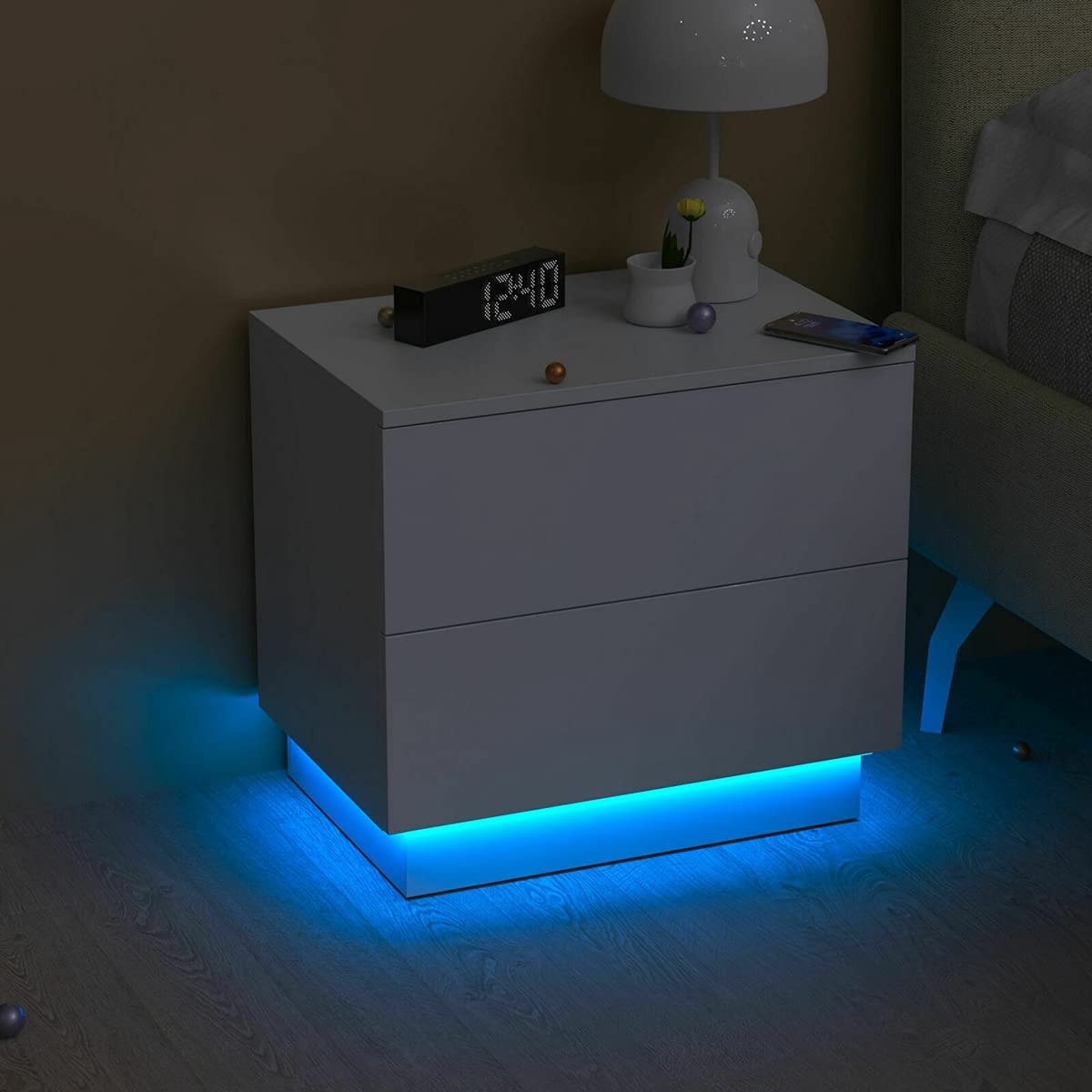HALLOLURE LED Nightstand Modern LED Bedside Table High-end Fashion Side Table 2 High Gloss Drawers Shelf End Table Night Stand Storage Cabinet Bedroom Living Room (White)
