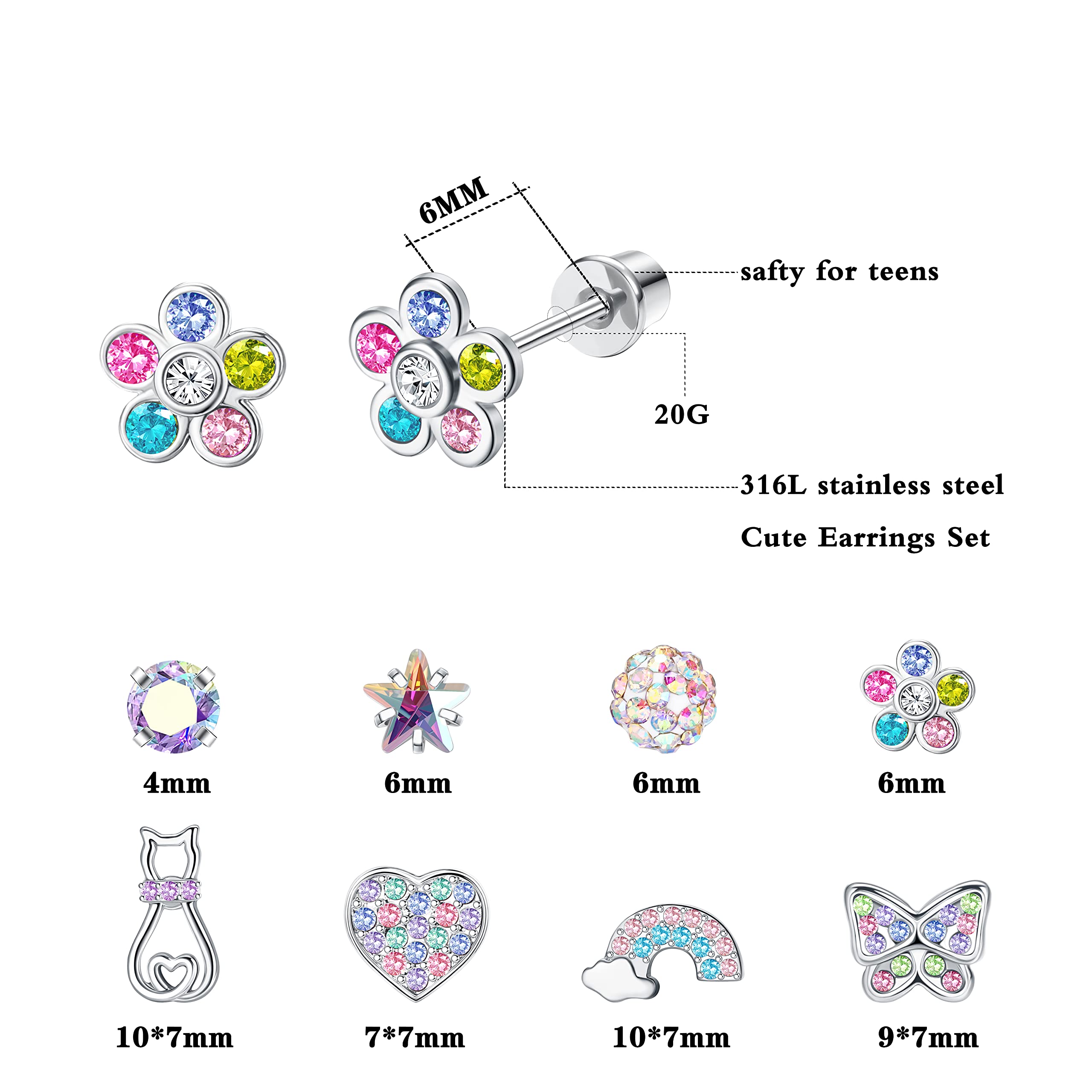 Helicopchain 8 Pairs Hypoallergenic Screwback Earrings Studs for Women Teens 316L Stainless Steel CZ Heart Screw Back Earring Studs Flower Multicolored Butterfly Stud Earrings Set