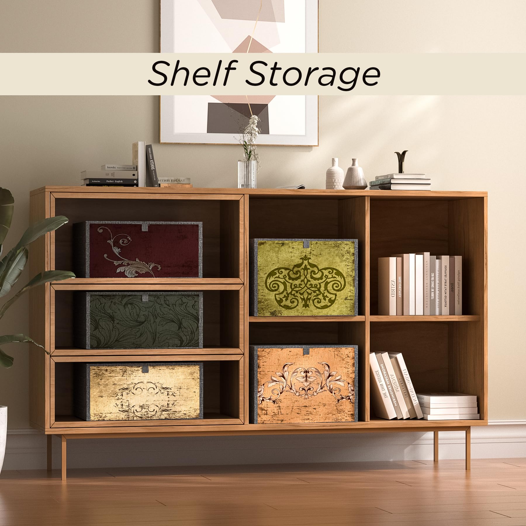 VASICAR 5 Pack Stackable Storage Boxes with Metal Frame & Pull-down Lid, Foldable Storage Cube Bins Shoe Containers Boxes for Bedroom, Pattern