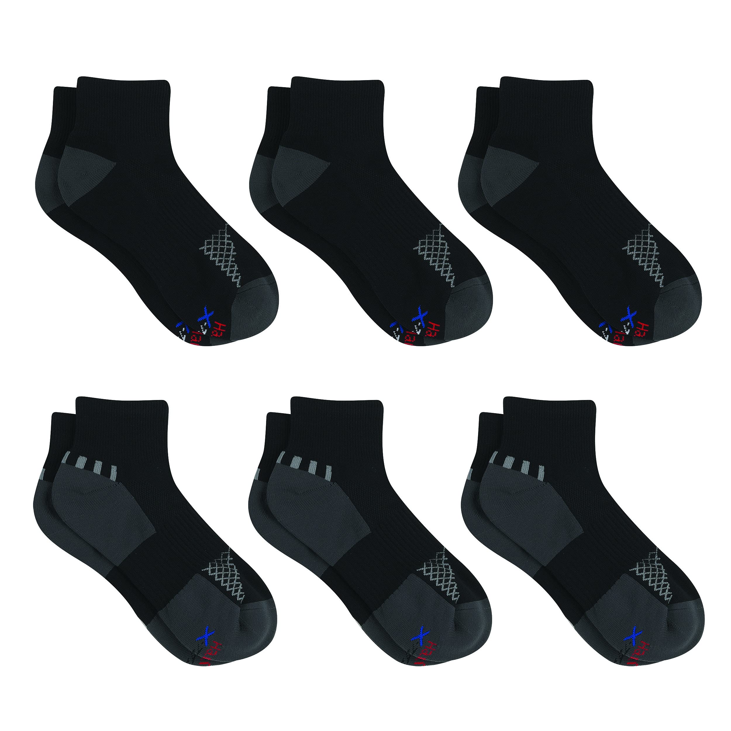 Hanes mens X-temp Ankle 6-pair Pack, Available in Big & Tall Performance Sock, Black/Grey Heel Toe, 12 14 US