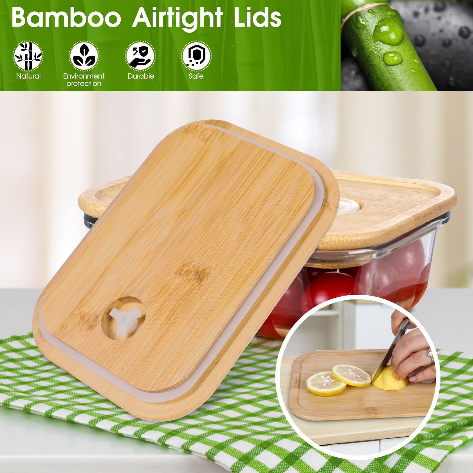 Glass Meal Prep Containers, 4 Piece Airtight Food Storage Containers with Bamboo Lids, BPA Free Leak Proof Glass Fridge Storage Containers for Microwave, Dishwasher