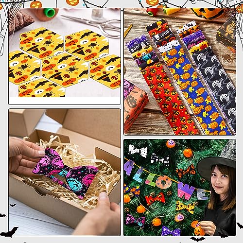 Ganeen 60 Pcs Cotton Jelly Halloween Fabric Roll Pumpkin Ghost Fabric Strips Cotton Jelly Fabric Halloween Quilting Fabric Roll for Quilting Cloth Patchwork Sewing DIY Craft, 12 Styles