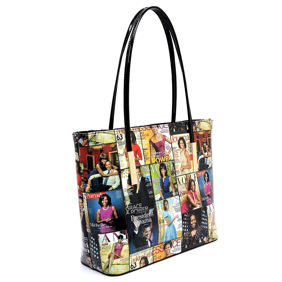 Glossy magazine cover collage Michelle Obama printed two stand alone tote bags and one matching wallet 3pcs set, 3 in 1 (Pic#A-MTBK)