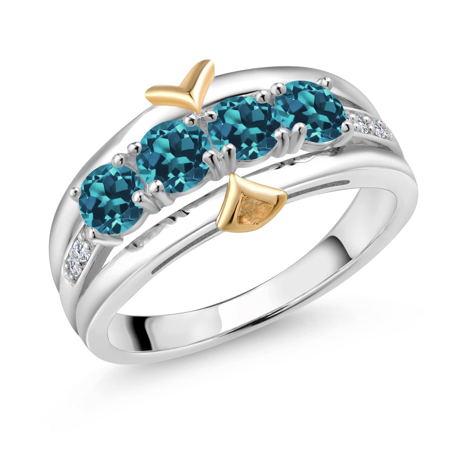 Gem Stone King 1.37 Ct Round London Blue Topaz 925 Silver and 10K Yellow Gold 4-Stone Lab Grown Diamond Band Ring (Size 9)