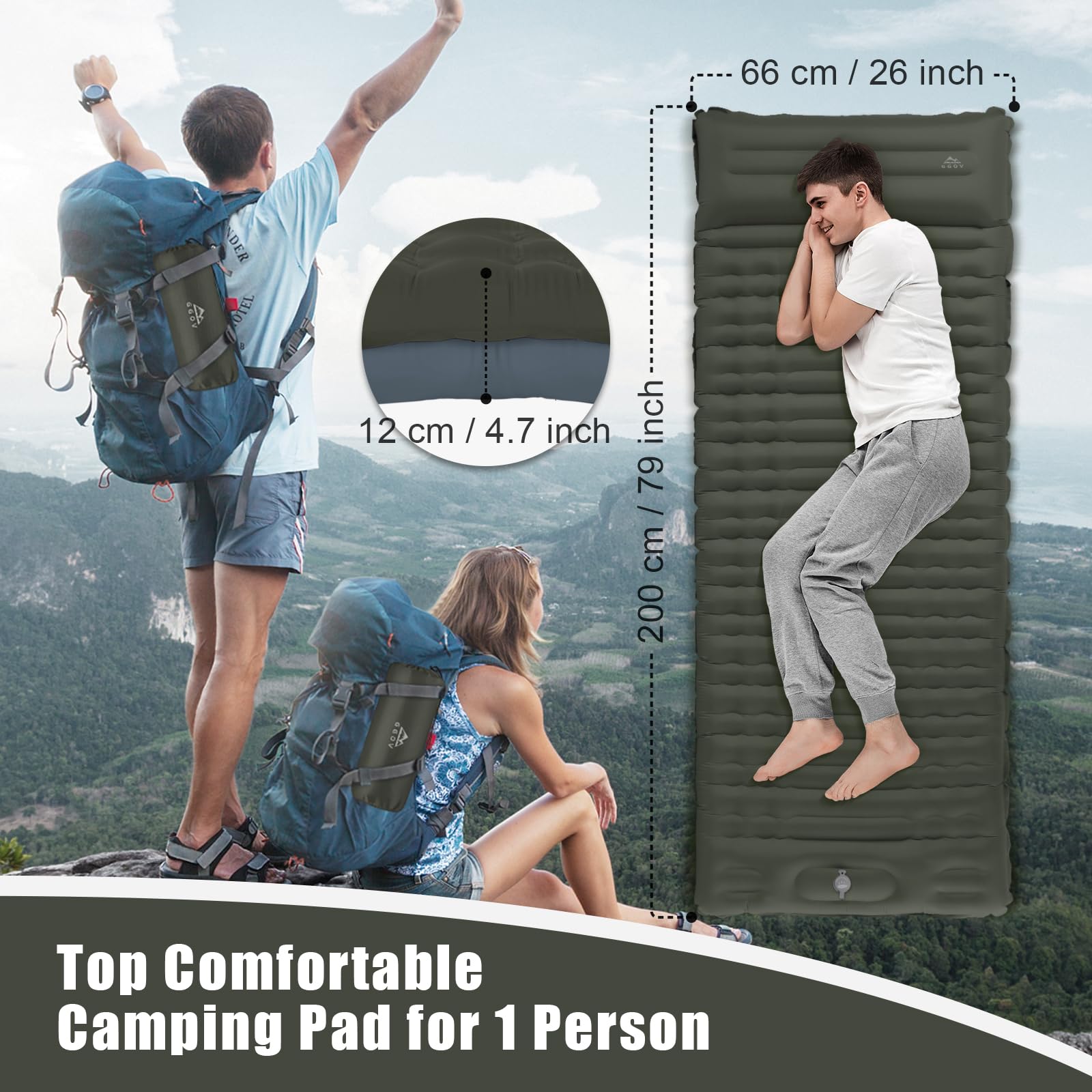 GGOV Double Sleeping Pad for Camping with Built-in Foot Pump, Extra Thick 4.7 Inch Inflatable Sleeping Pat and Pillow for Backpacking, Hiking, and Traveling