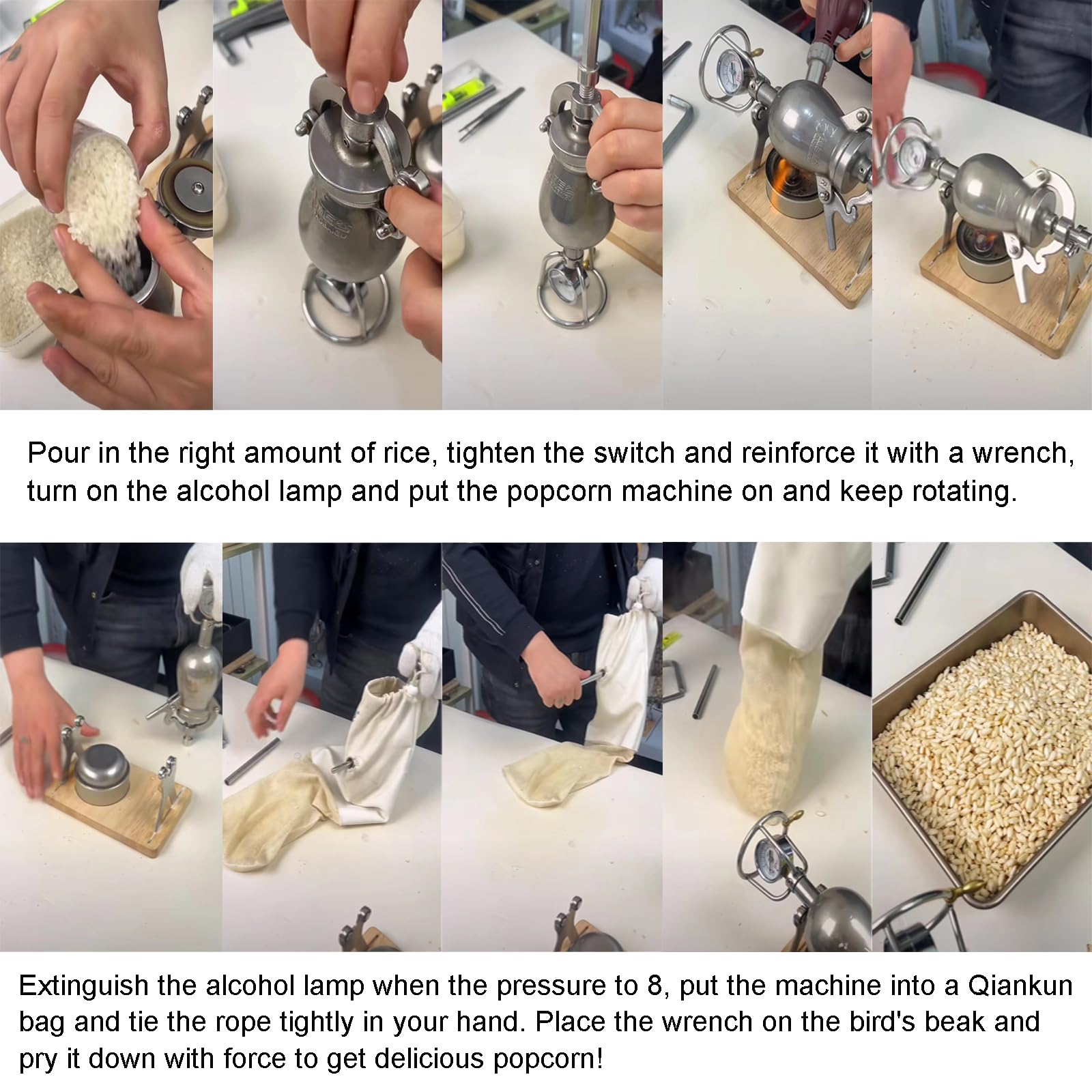 Hand Popcorn Machine, High Pressure Popcorn Maker, Chinese Traditional Old-Fashioned Pop Corn Machine, Stainless Steel Mini Hand Cannon Food Amplifier