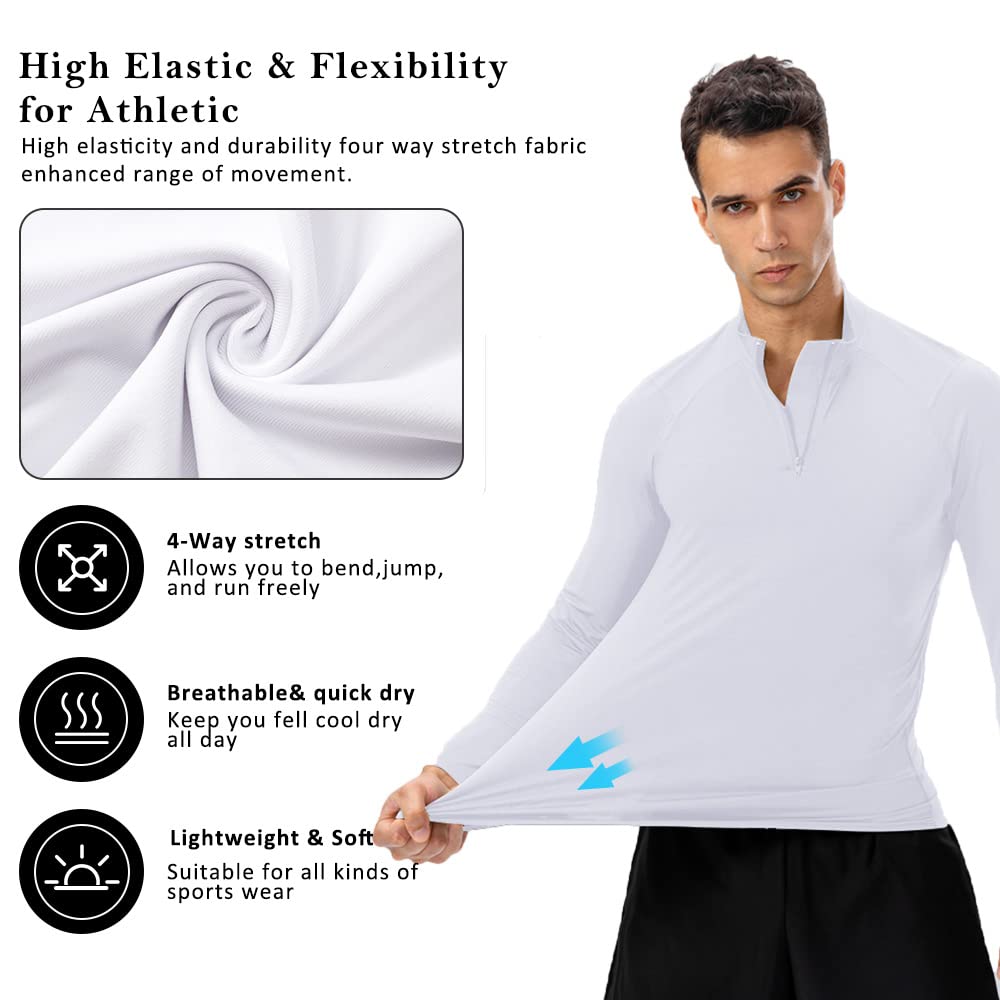 GAOQSEMG Long Sleeve Running Tops for Men,Men's Quick Dry Quarter Zip Golf Pullover Lightweight Long Sleeved Athletic Gym Hiking Tee Shirts (White,S)