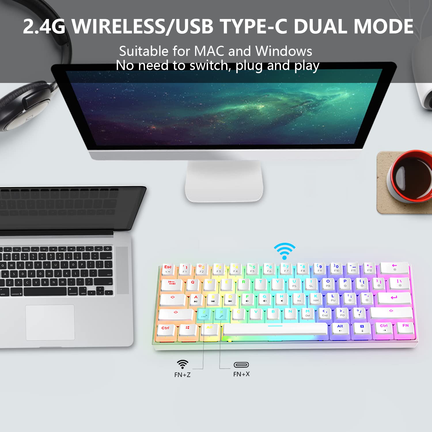 Gamakay 61 Pro Wired Wireless Gaming Keyboard 60 Percent White Hot Swappable Mechanical Keyboard with RGB Backlit NKRO for MAC/PC (Gateron Optical Yellow Switch V2)
