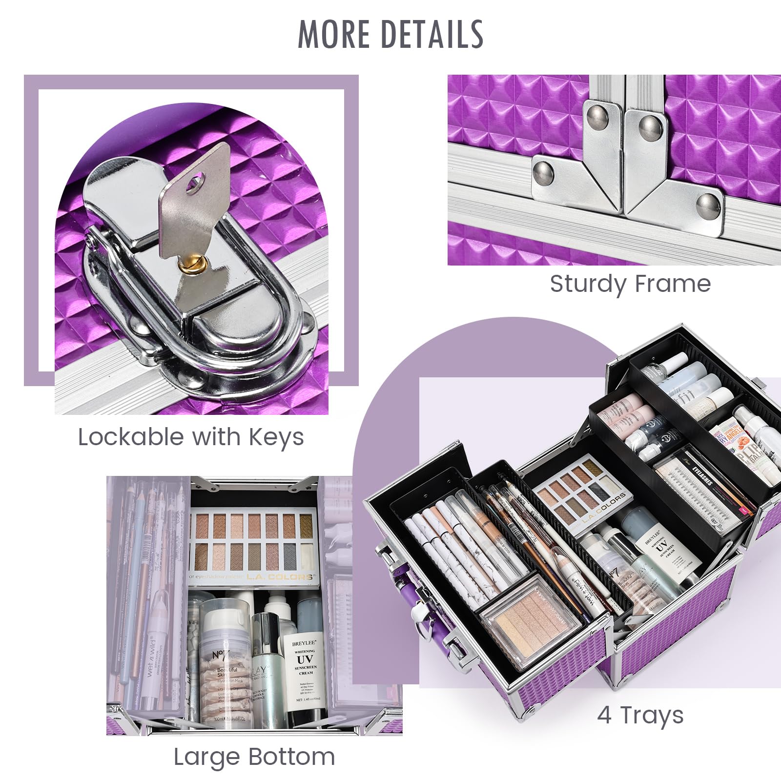Frenessa Makeup Train Case Cosmetic Box Organizer Storage Portable 4 Trays Jewelry Storage Organizer with Lockable Dividers for Makeup Artist, Crafter, Makeup Tools Traveling Makeup Case Purple