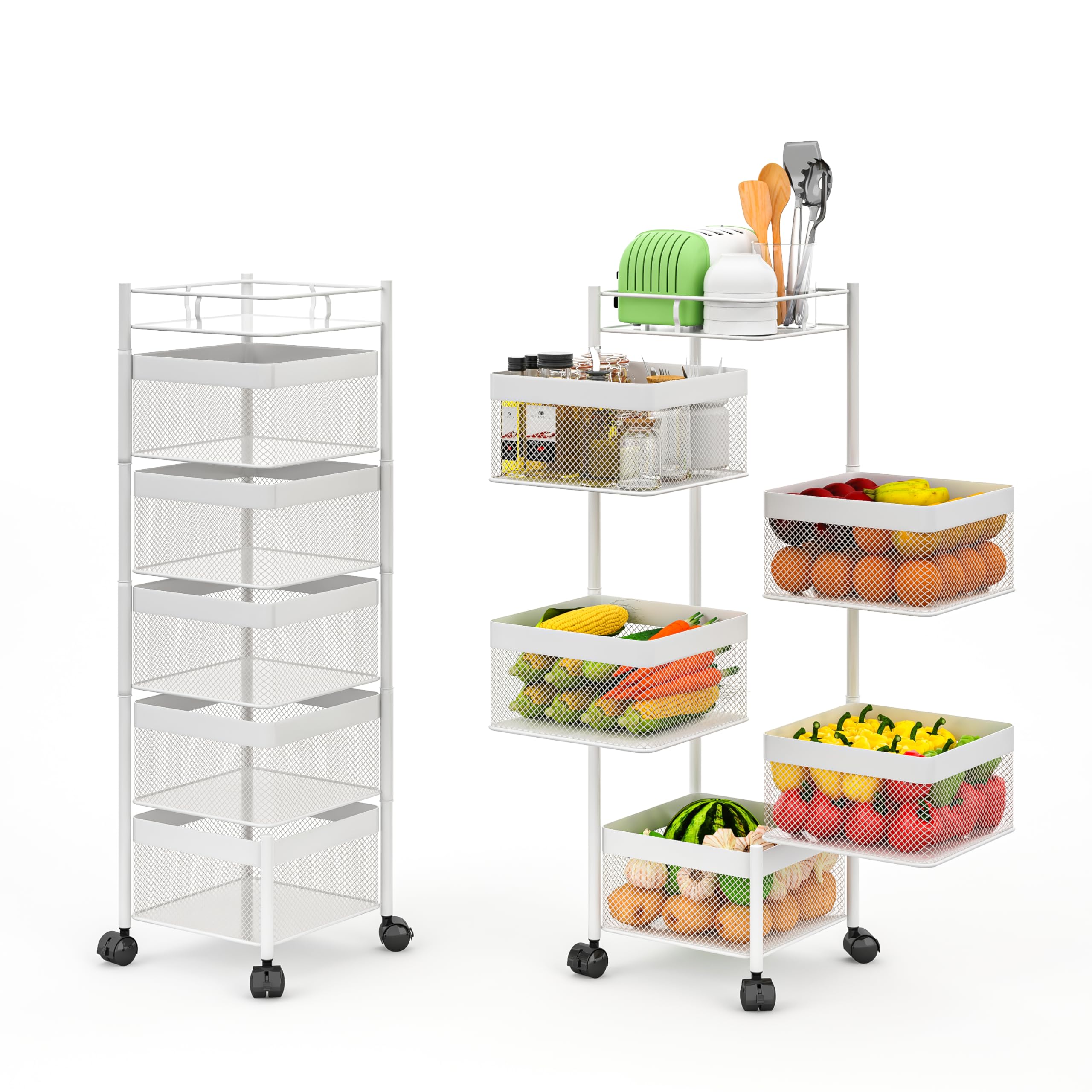 xinyourui Fruit Basket for Kitchen No Assembly,Rotating Kitchen Storage Rack,Bathroom Shelf, Organizers and Storage Cart on Rolling Wheels,Potato and Onion Storage Organizer(White, 5 Tier-Square)