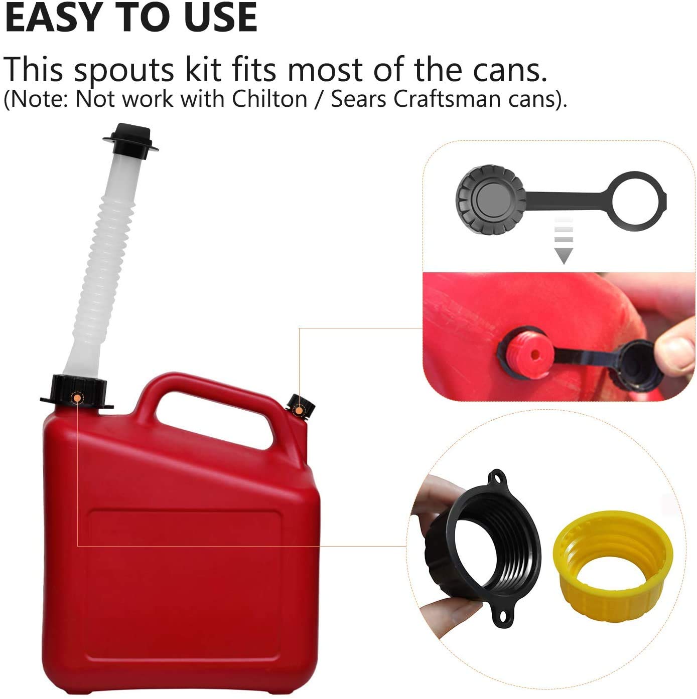 Gas Can Replacement Spout Kit, Flexible Pour Nozzle with Gasket, Stopper Caps, Collar Caps, Stripe Cap, Spout Kit for Water Jugs and Old Can (4-Pack)