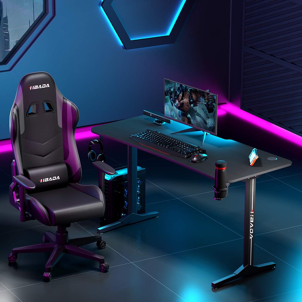 Hbada Gaming Desk 43.7 in Computer Desk Ergonomic Home Office Desk T-Shaped Racing Pro PC Gamer Desk with Full Cover Mousepad, Cup Holder and Headphone Hook, Black