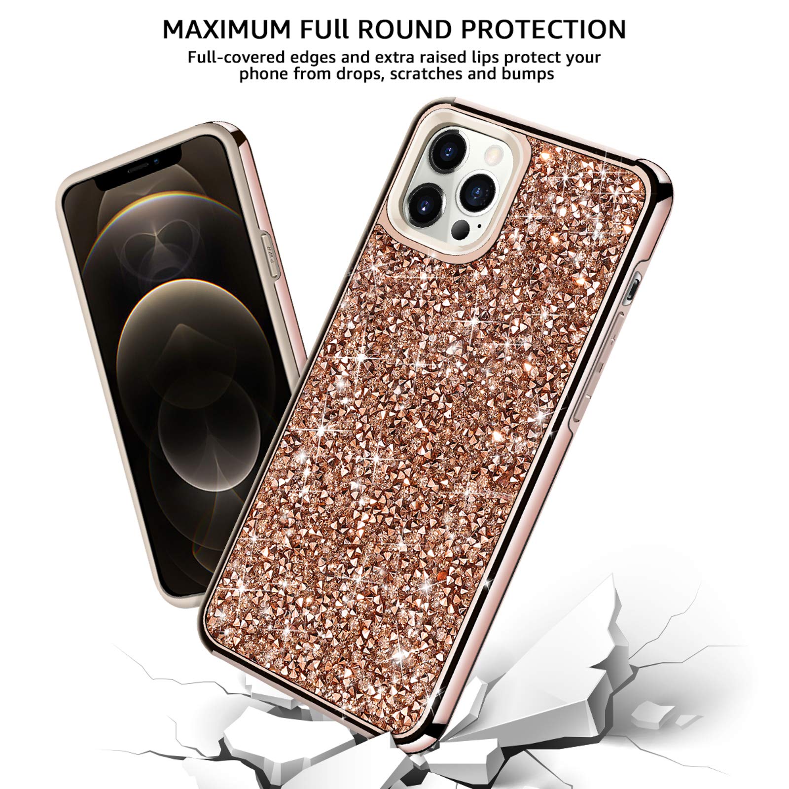 HoneyAKE Compatible with iPhone 12 Pro Max Case Bling Rhinestone Sparkly Crystal Diamond Shockproof Handmade Dual Layer Hard Rubber Bumper Protective Cover Compatible with iPhone 12 Pro Max Rose Gold