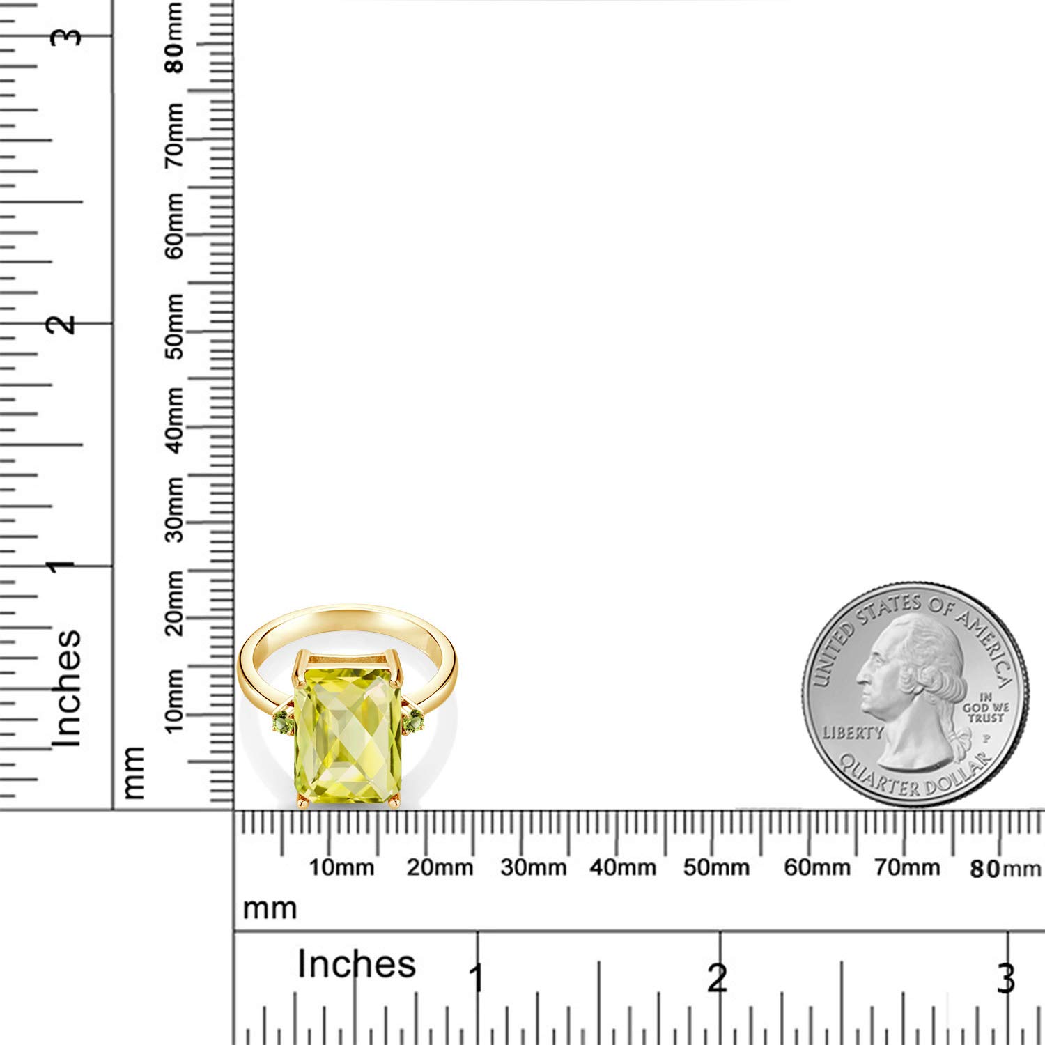 Gem Stone King 18K Yellow Gold Plated Silver Yellow Lemon Quartz and Green Peridot Ring For Women (6.95 Cttw, Emerald Cut Checkerboard 14x10MM, Gemstone Birthstone, Available In Size 5, 6, 7, 8, 9)