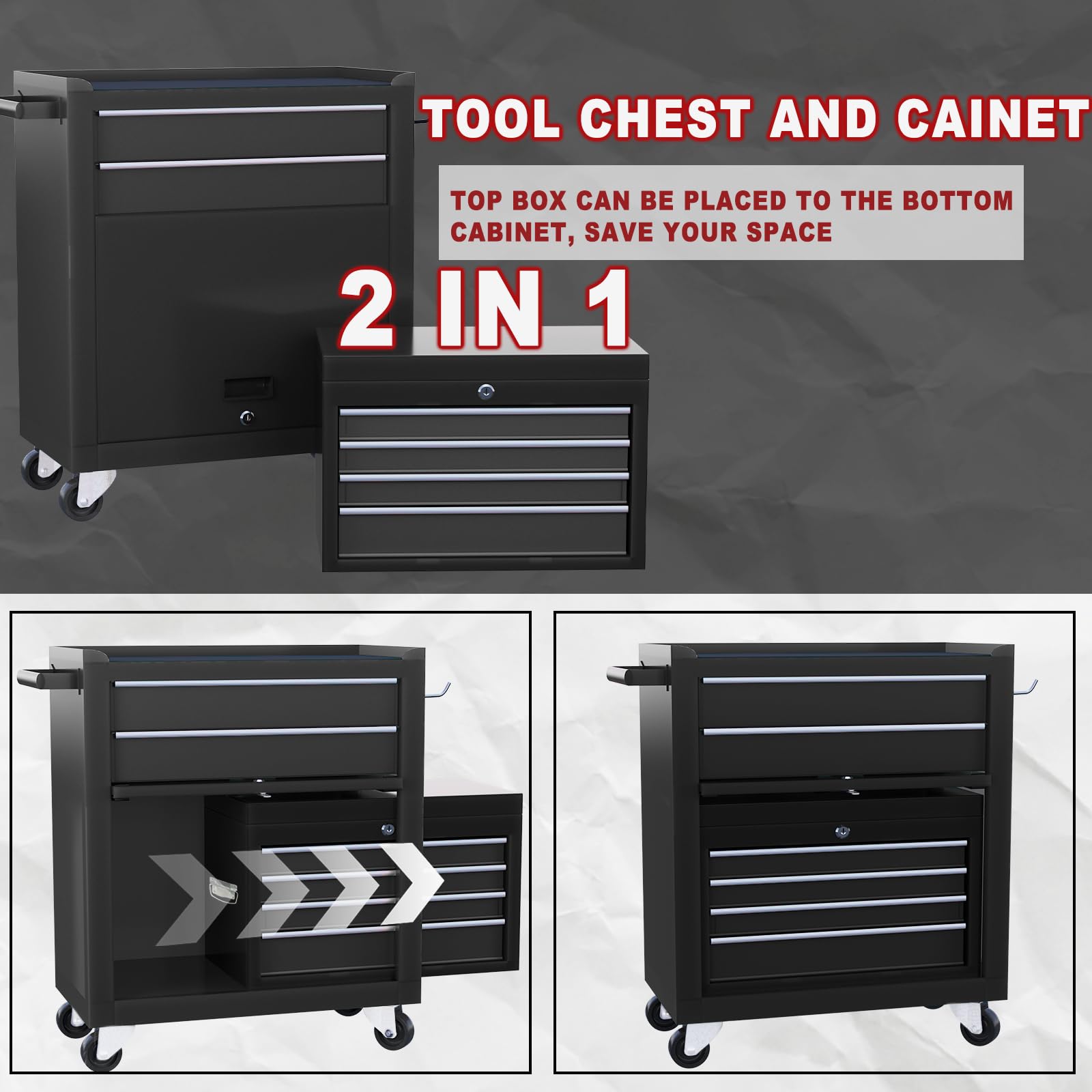 GGUV 8 Drawer Rolling Tool Chest, Large Tool Cabinet with Wheels, Detachable Toolbox Storage with 6 Hooks and Drawer Liners for Garage, Repair Shop, Workshop, Large Capacity, Black