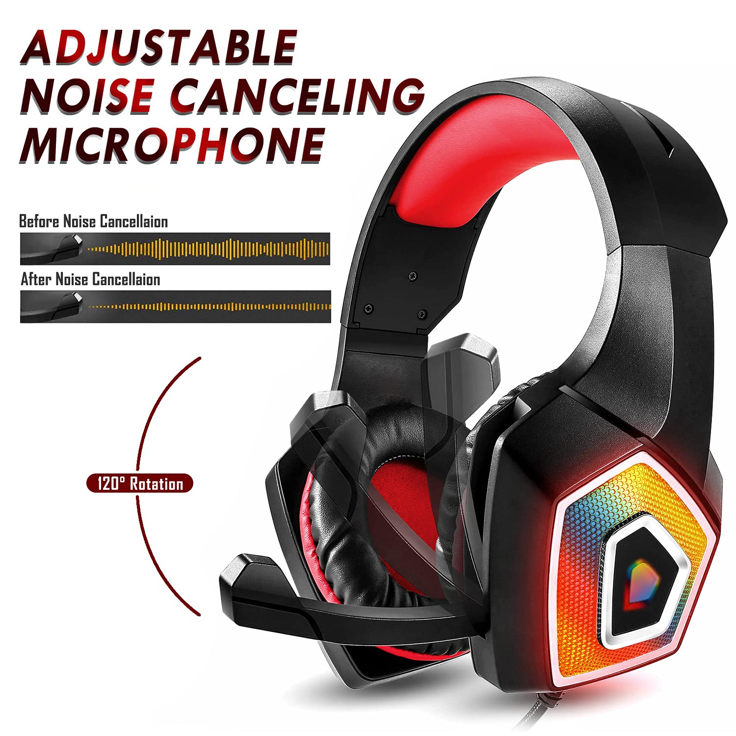 GALOPAR Stereo Gaming Headset for PC, PS4, Xbox One, 3D Surround Sound Headset with Noise Canceling Mic LED Light, Over-Ear Headphones Compatible with PS4, Xbox One, Switch, PC, Mac, Laptop