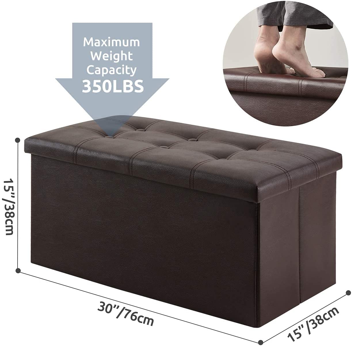 YOUDENOVA 30 inches Folding Storage Ottoman, 85L Storage Ottoman Bench for Living Bedroom and Hallway, Faux Leather Brown Footrest with Foam Padded Seat, Support 350lbs