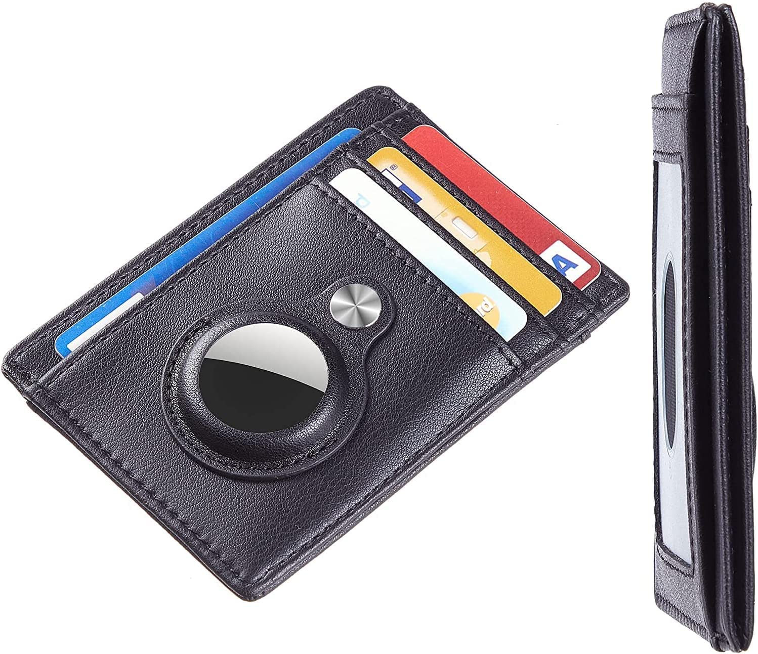 GAOCHALE AirTag Wallet Genuine Leather Air Tag Wallet RFID Technology Credit Card Holder with Minimalist Wallet for Men(No Airtag Included)(Black)
