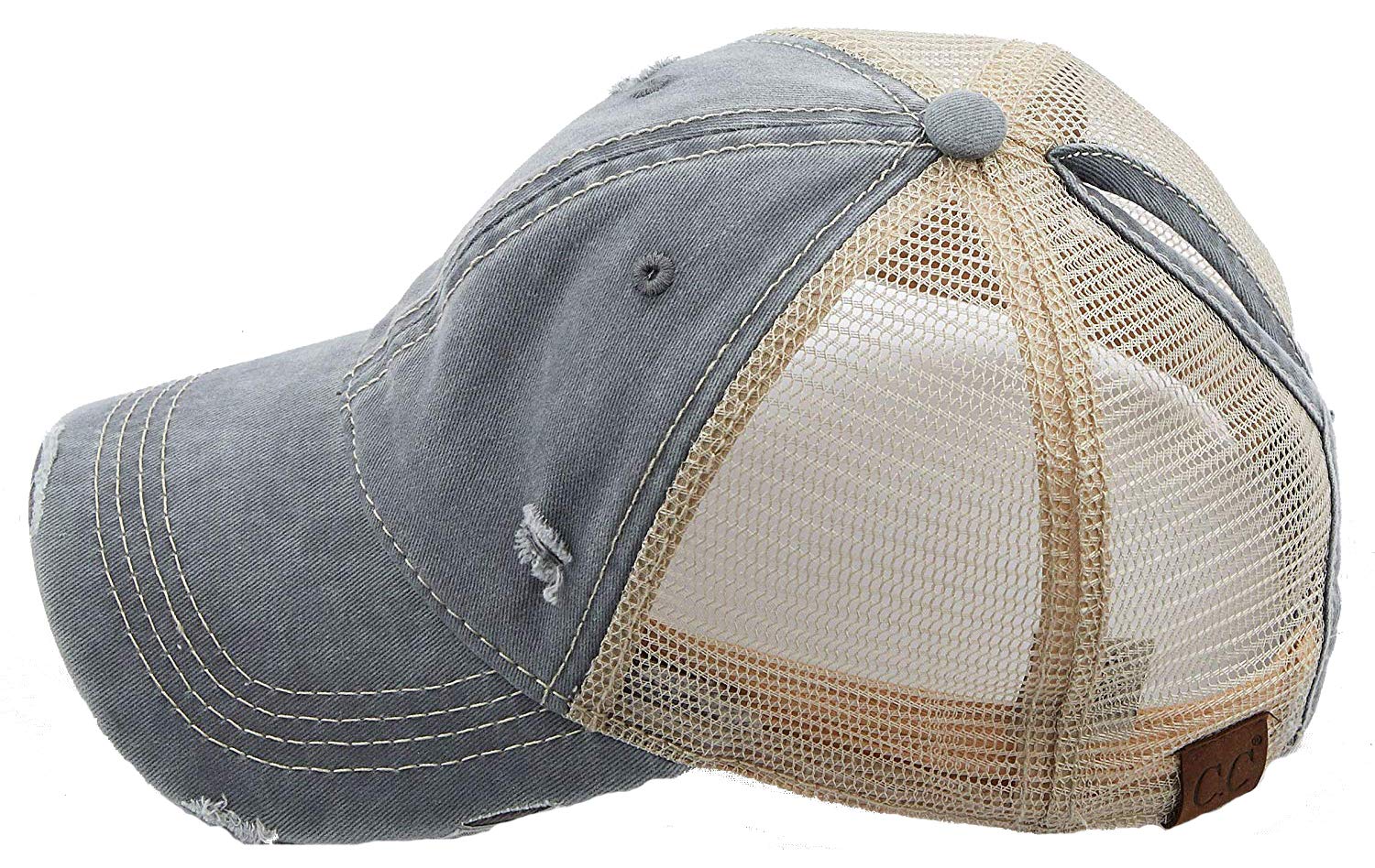 Funky Junque Womens Distressed Baseball Cap Trucker Dad Hat Ponytail Messy Bun Ponycap (Grey/Beige Mesh)