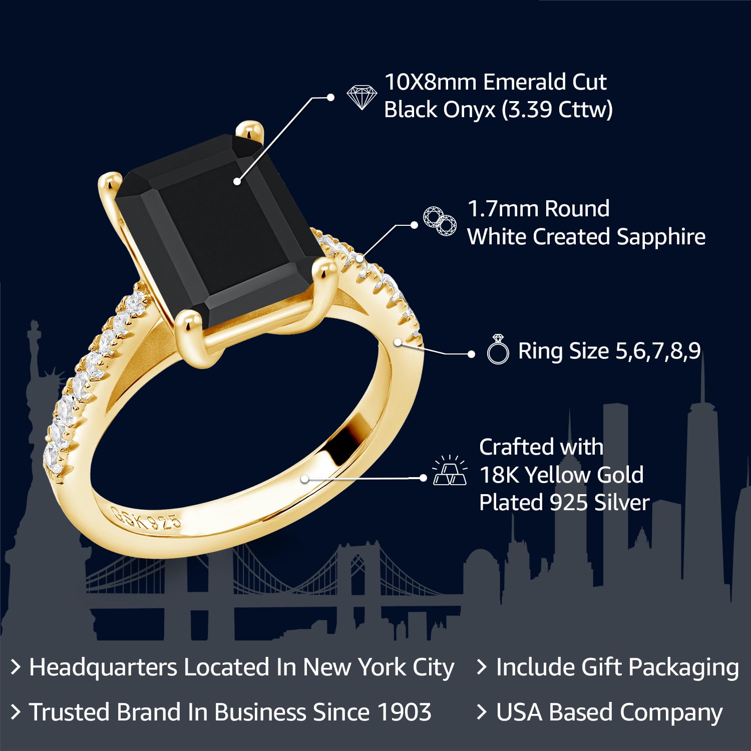 Gem Stone King 18K Yellow Gold Plated Silver Black Onyx and White Created Sapphire Ring For Women (3.39 Cttw, Gemstone Birthstone, Available in size 5, 6, 7, 8, 9)