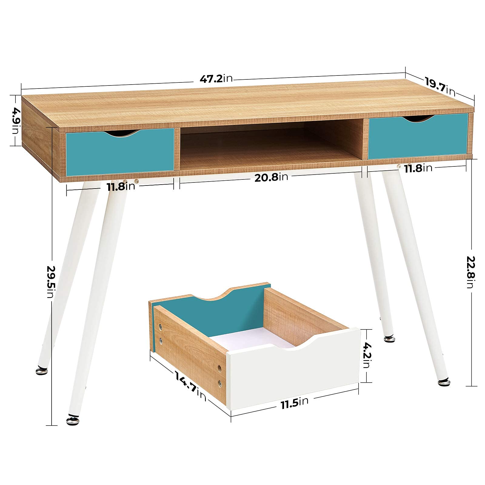GreenForest 47inch Computer Office Desk with Drawers for Small Space Room Home Bedroom Writing Study Desk with Three Storage Vanity Makeup Dressing Table with White Metal Legs for Kids Adults