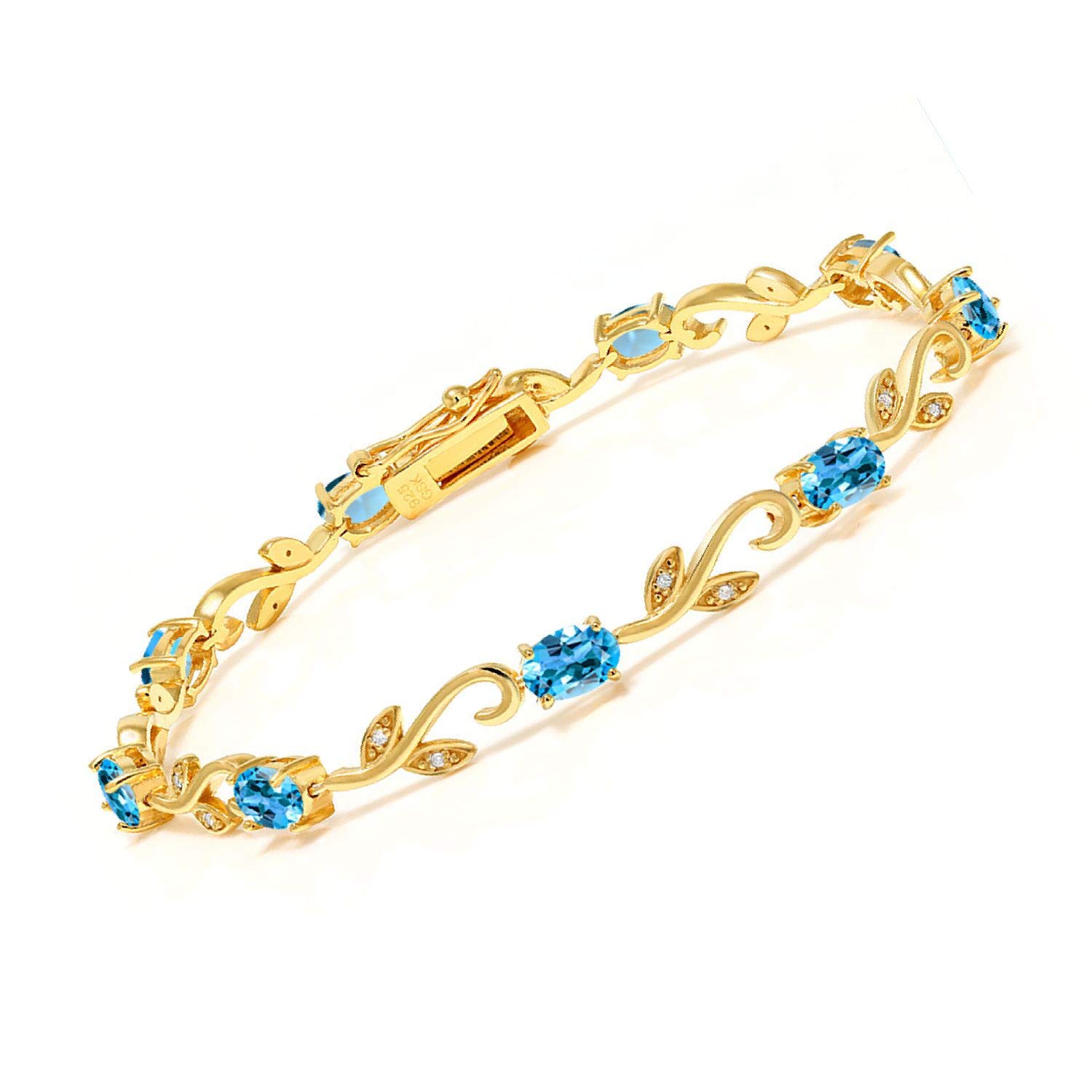 Gem Stone King 18K Yellow Gold Plated Silver Swiss Blue Topaz and Diamond Greek Vine 7 Inch Tennis Bracelet For Women