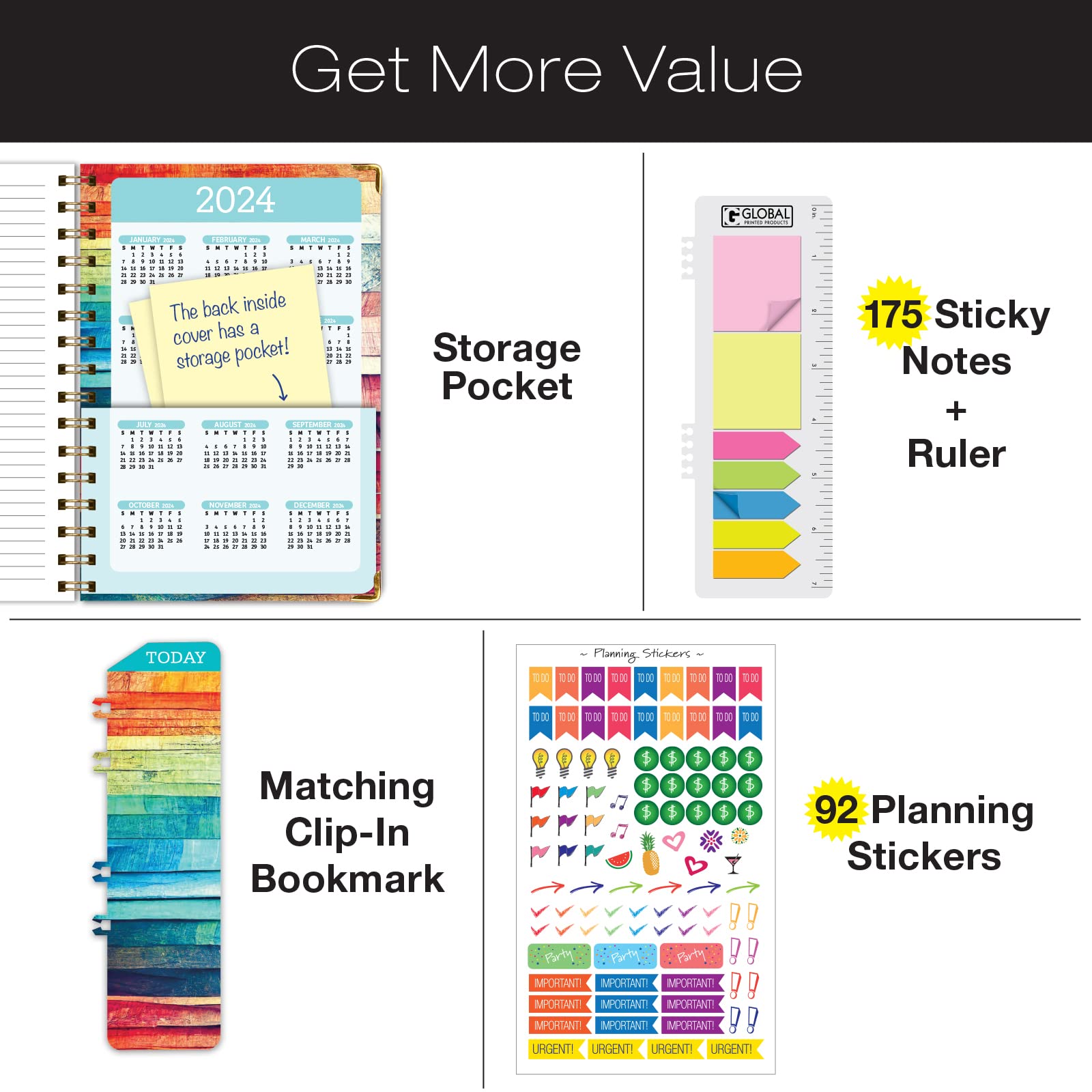 HARDCOVER Academic Year 2023-2024 Planner: (June 2023 Through July 2024) 5.5"x8" Daily Weekly Monthly Planner Yearly Agenda. Bookmark, Pocket Folder and Sticky Note Set (Rainbow Oak)