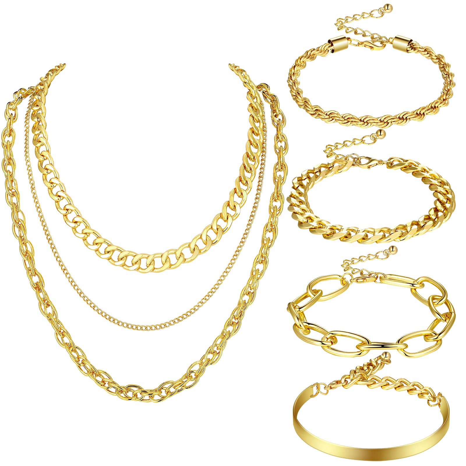 Glenmal 7 Pcs Halloween 90S Jewelry Set for Women Gold Necklace Bracelet Sets 80s Hip Hop Jewelry Gold Party Accessories (Classic)