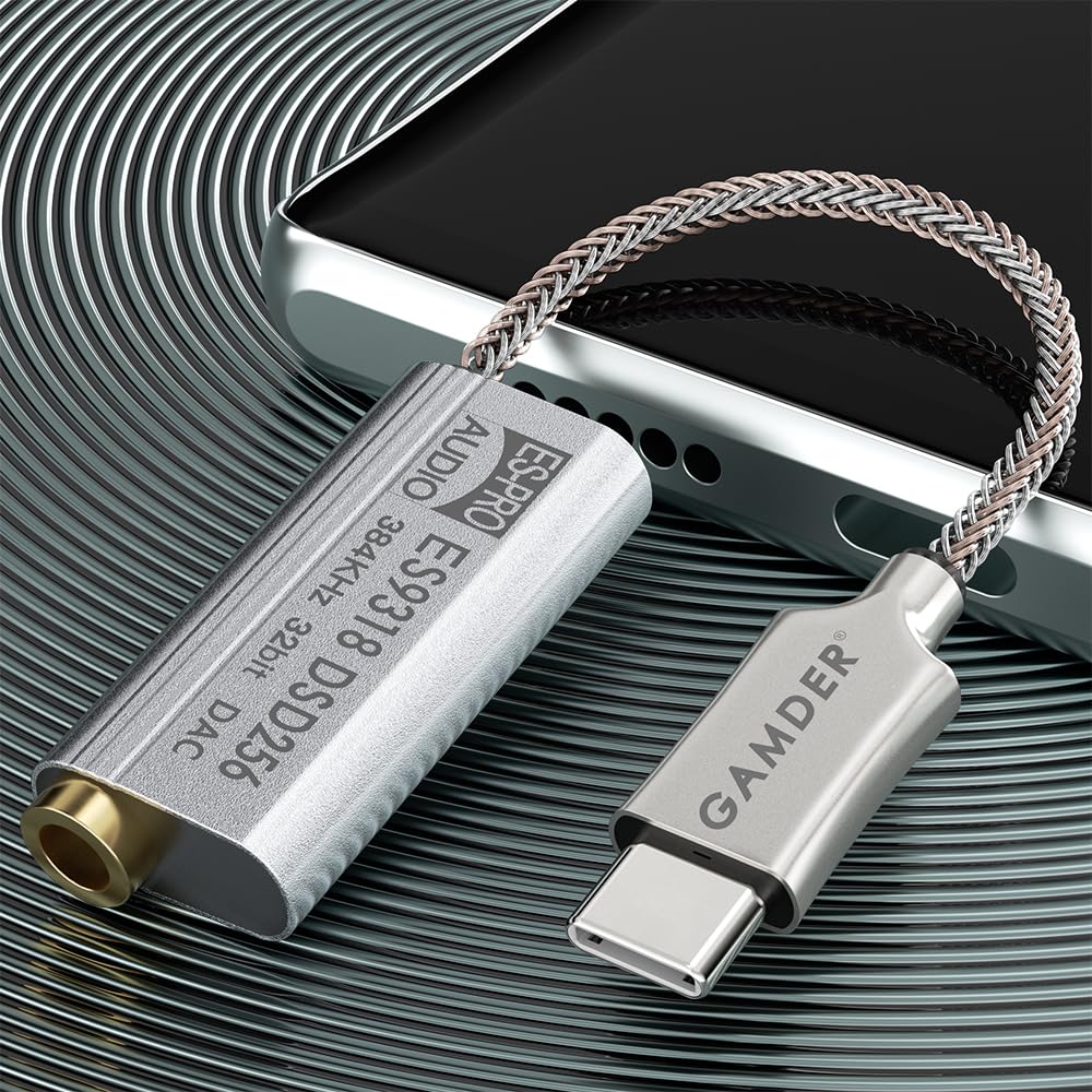 GAMDER USB Type C to 3.5mm DSD256 Hi-Fi Audio Chip Decoder 32bit 384kHz Headphone Amplifier Adapter DAC for Android Phone Mac Windows 10 (ES9318 Chip)