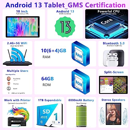 GOODTEL 2024 Newest Tablet 10-inch 10GB RAM 64GB ROM 1TB TF, Android 13, WiFi 5G/2.4G, Bluetooth 5.0, GMS, Widget, Split-Screen Function, AGPS, OTG, Type-C, 3.5mm AUX, 6000mAh, 8+5MP, Black