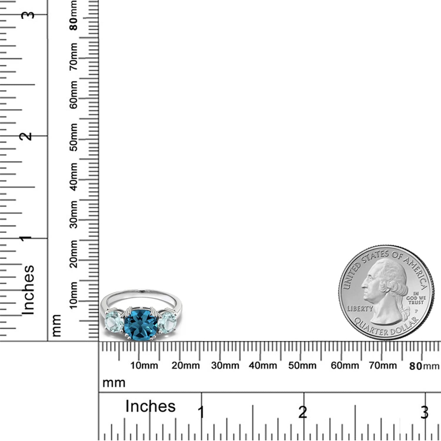 Gem Stone King 925 Sterling Silver London Blue Topaz and Sky Blue Topaz 3 Stone Engagement Ring For Women (3.74 Cttw, Gemstone Birthstone, Cushion 8MM, Available in Size 5,6,7,8,9)
