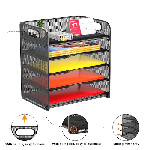 Samstar Mesh Desk Organizer with Handle, 5 Tier Letter Tray Paper Organizer File Sorter Rack Shelves, Black