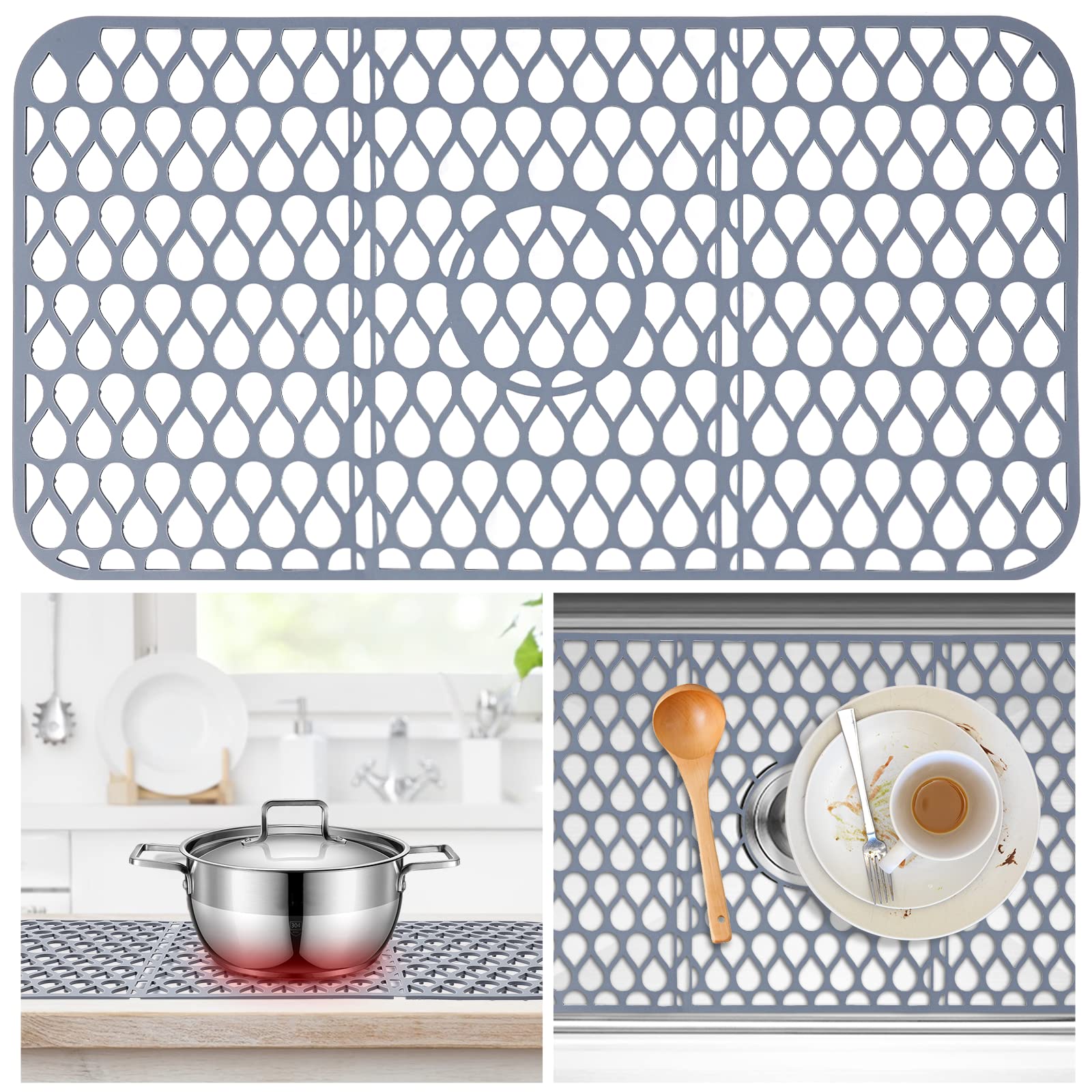 HUMUMU Sink Protectors for Kitchen Sink 26" x 14", Grey Non-Slip Sink Mats for Bottom of Kitchen Sink,Collapsible-Cuttable Silicone Sink Mat for Farmhouse Stainless Steel Porcelain Sink(Center Drain)
