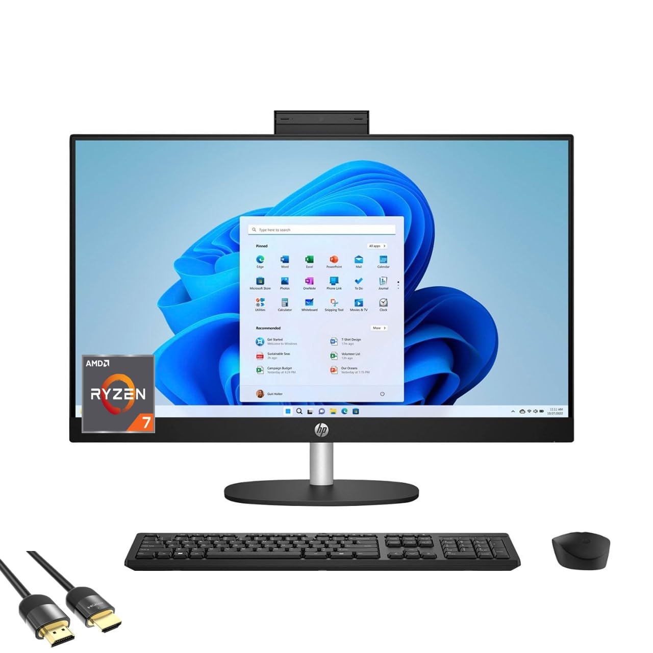 HP All-in-One Desktop, 27" FHD Touchscreen Anti-Glare Display, AMD Ryzen 7 7730U Up to 4.5GHz, 16GB RAM, 1TB PCIe SSD, True Vision 1080p Webcam, Keyboard&Mouse, WIFI6, USB-C, PDG HDMI 2.1 Cable