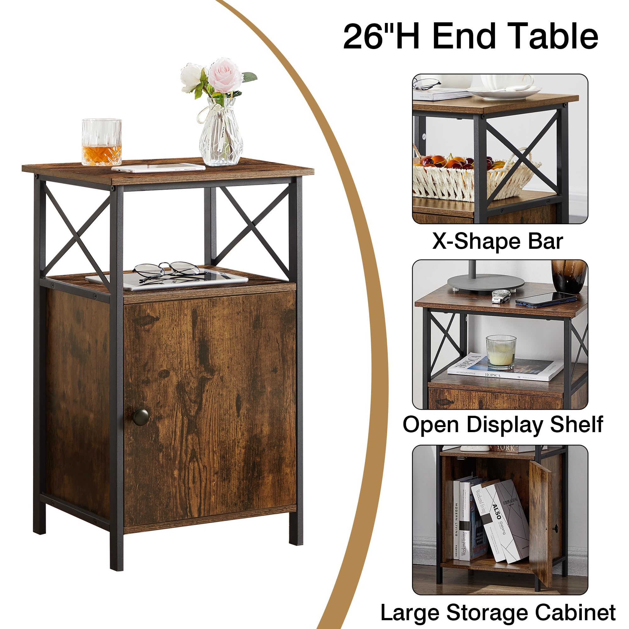 VECELO Brown End Side Table, Modern Night Stand with Storage Space and Door,Set of 2 Nightstands for Living Room,Bedroom,Lounge