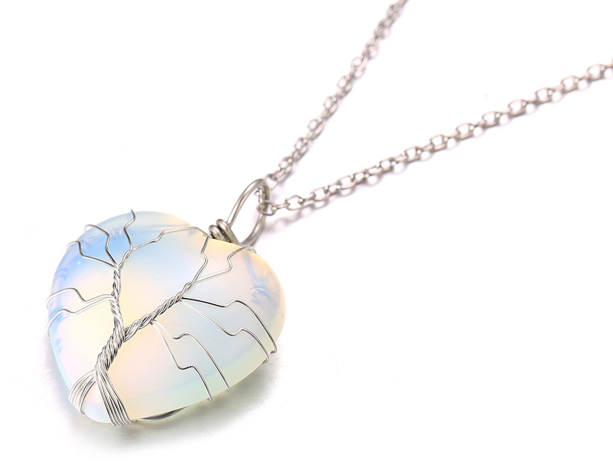 Halukakah Moonstone Necklace - LUNARLOVE - Handmade Platinum Plated Winding Tree of Life Wire, Natural Crystal Heart Shape Pendants and 20" Chainā¦