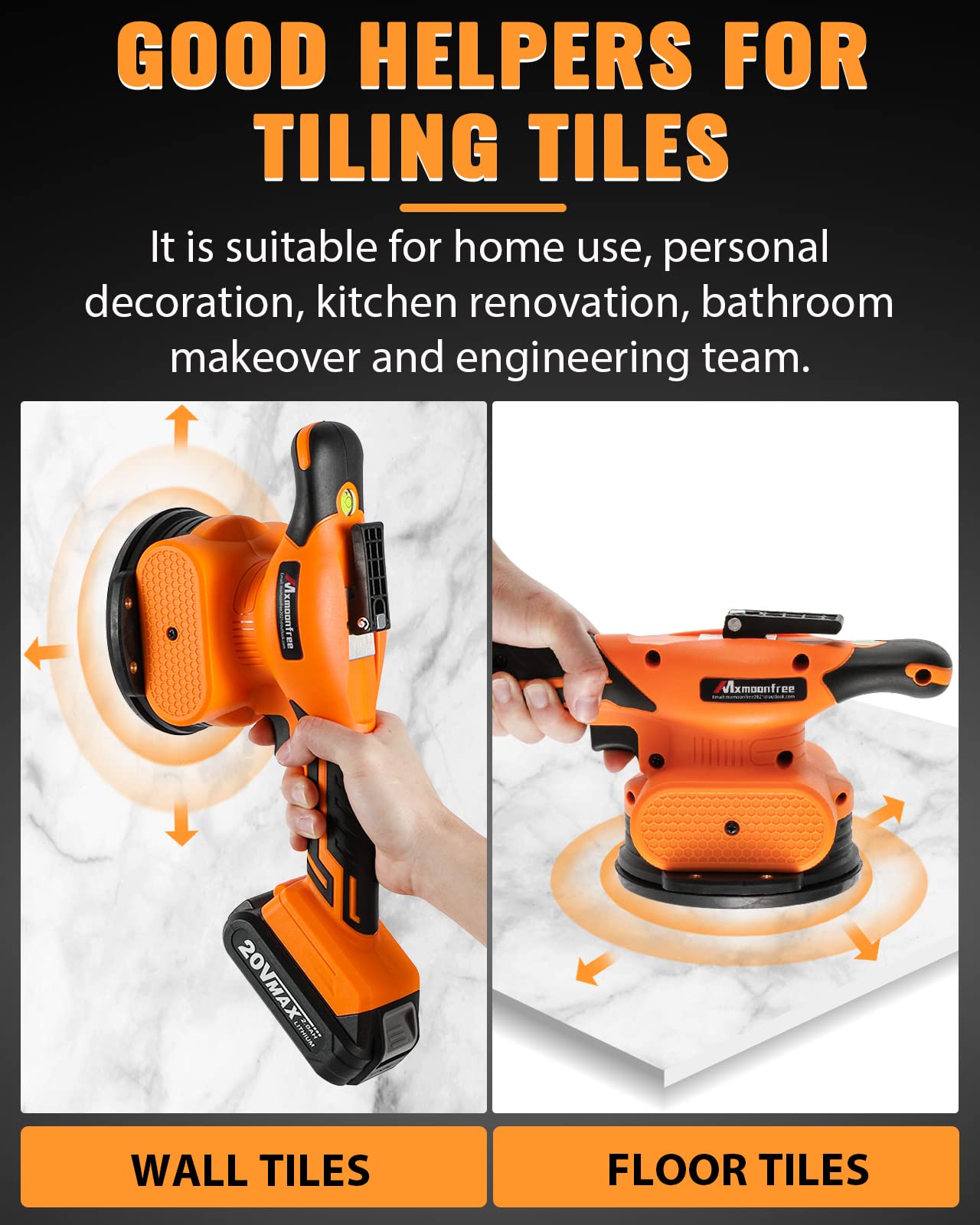 Mxmoonfree Tile Tools for Installation Tile Vibration Machine Vibrator Adsorption Lock Design with Drill Hole Guide, Suction Cup, Storage Case, 2 Pcs Battery 20V for Floor Wall Tiles