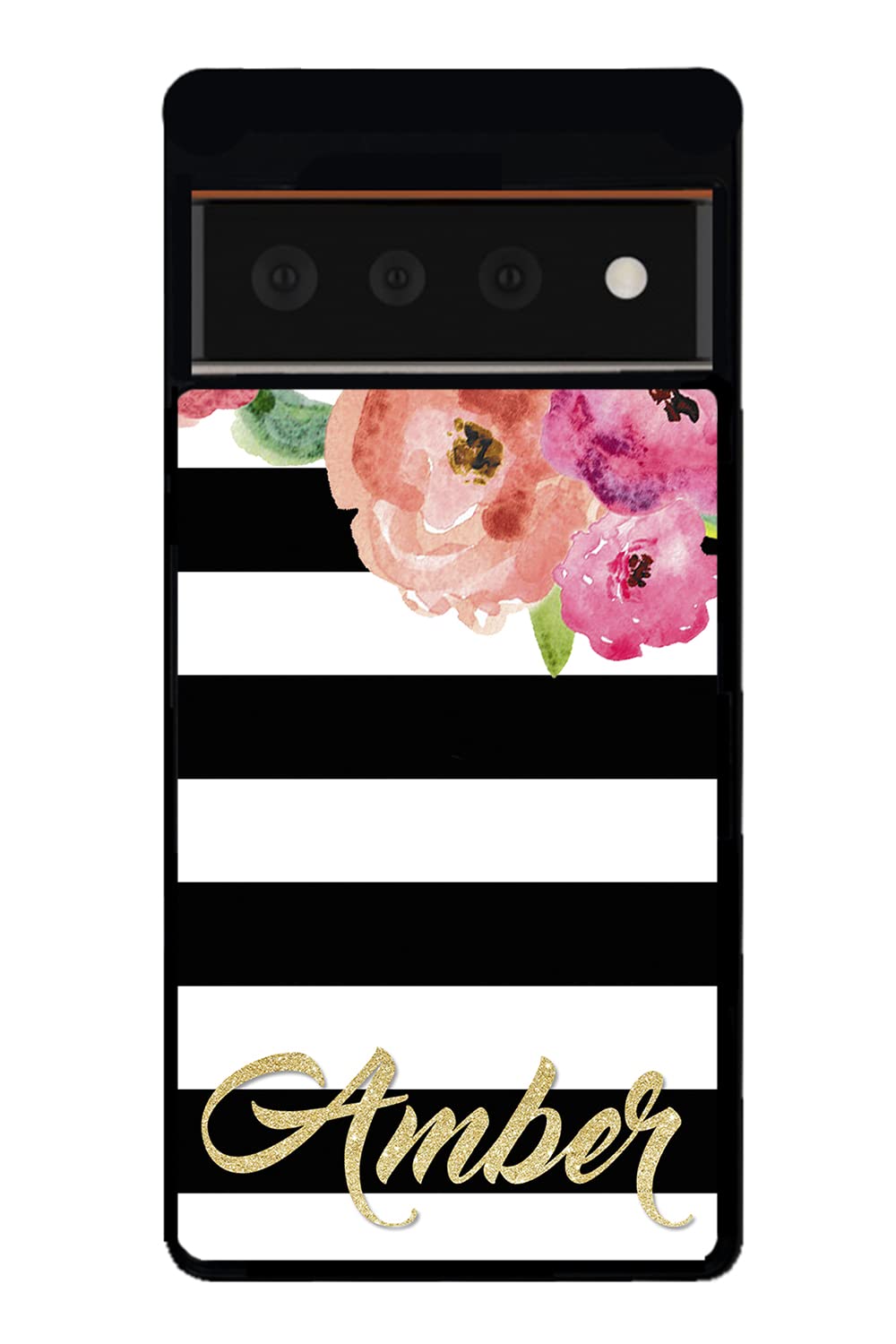 Golden Gold Personalized Flowers Black White Black Rubber Phone Case Compatible With Google Pixel 8 Pro, 8a, 8, 7a, 7, Pixel 7 Pro, 6a, Pixel 6 Pro, 6, 5, 4a 5G, 4a 4G, 4, 4 XL, 3a, 3a XL, 3