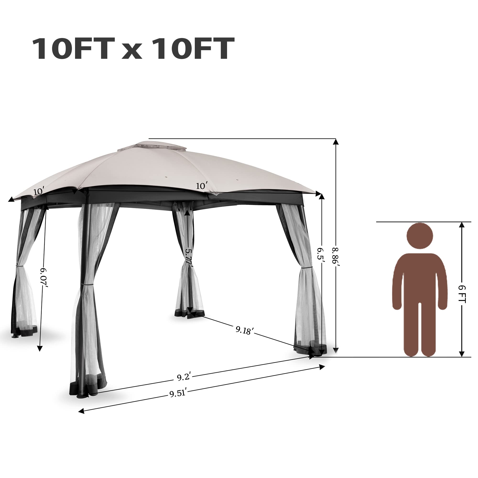 Gazebo for Patio, FAB BASED 10x10 Gazebo, Double Vent Canopy Gazebo, Outdoor Gazebo with Privacy Netting, Easy Setup Patio Pavilion with Steel Frame Strong Legs for Lawn, Backyard, Deck (Khaki)