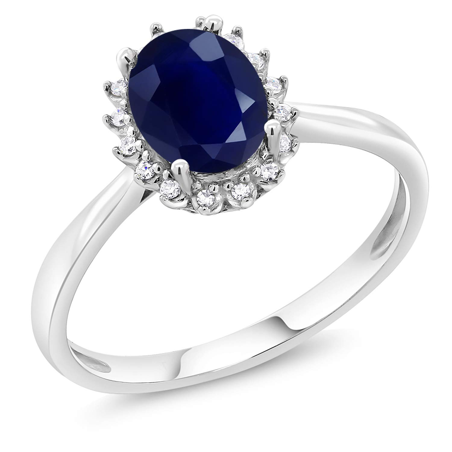 Gem Stone King 10K White Gold Blue Sapphire and Diamond Halo Engagement Ring For Women (1.85 Cttw, Oval 8X6MM, Size 7)
