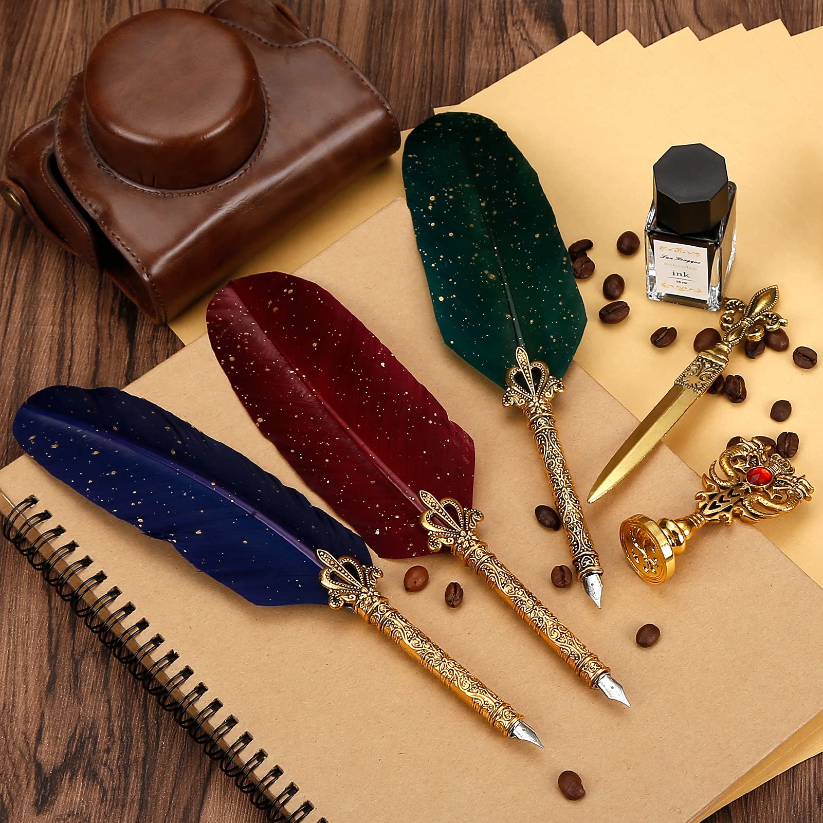 FunWr1te Quill Pen and Ink Set - Antique Goose Feather Calligraphy Pen Set Includes Dipping Pen, 5 Replacement Nibs, Ink, Letter Opener and Pen Holder (Black)