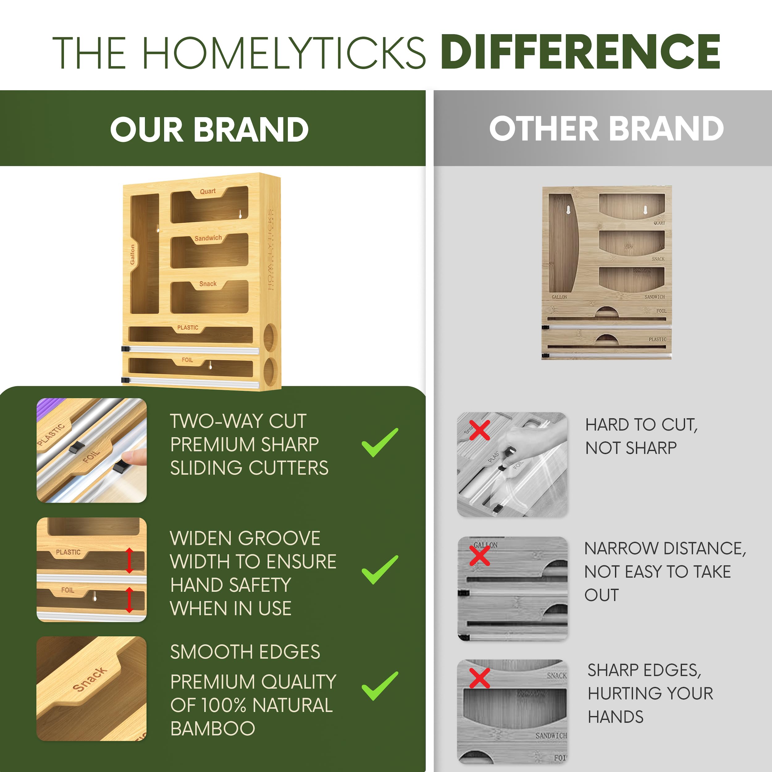 HOMELYTICKS Bamboo Storage Bag Organizer & Plastic Wrap Dispenser with Cutter -6-in-1 Kitchen Drawer Organizer for Foil and Plastic Wrap, Food Storage Bag Organizer - Sandwich, Quart, Gallon & Snack