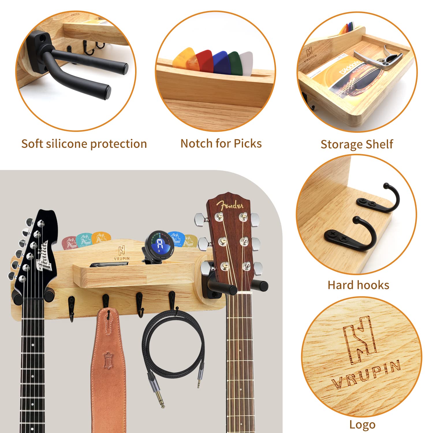 HPGJLEE Guitar Wall Mount, Natural Solid Wood Guitar Hanger with Shelf and Pick, Guitar Wall Holder, Guitar Stand, Guitar Rack