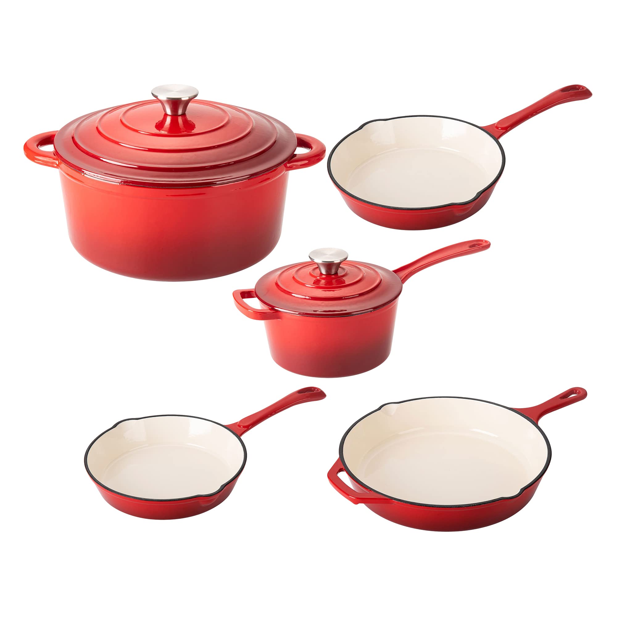 Hamilton Beach Enamel Coated Non Stick Dishwasher Safe Cast Iron Round Dutch Oven Pot, Frying Pan, and Sauce Pan Kitchen Set, Red (5 Pack)