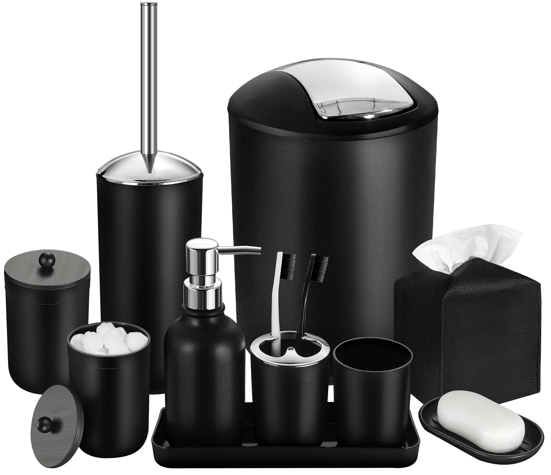GMITING Black Bathroom Accessories Set, 10 Pcs Bathroom Accessory Set with Trash Can, Soap Dispenser and Toothbrush Holder, Soap Dish, Cotton Ball & Qtip Holder, Toilet Brush Holder, Tissue Box Cover