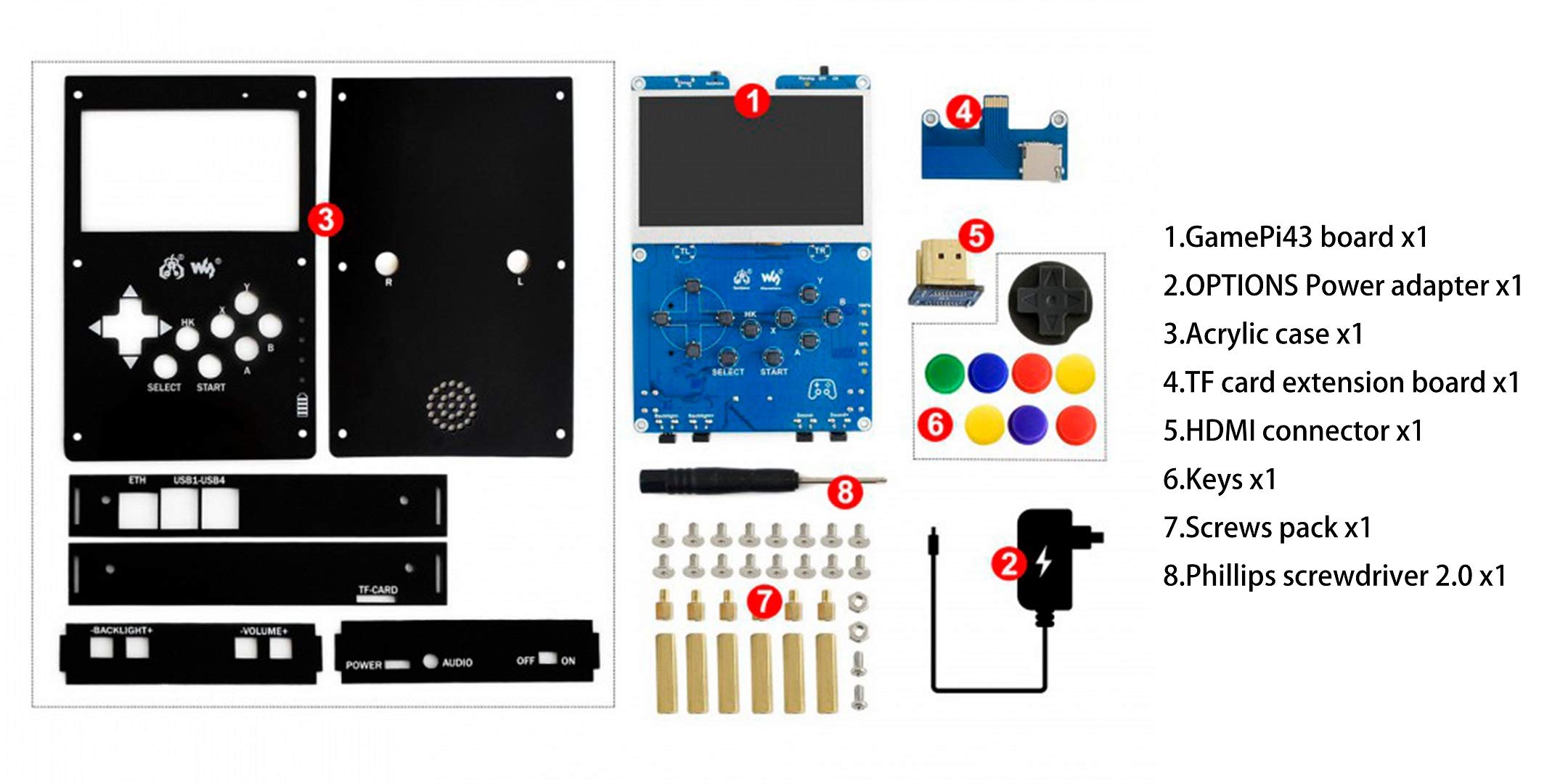 GamePi43 Accessories Kit for Raspberry Pi 4B/3B+/3B/2B/B+ Portable Retro Video Handheld Game Console with 4.3inch IPS Display 800x480 Pixel 60 fps Smooth Gaming Experience Speaker Earphone Jack