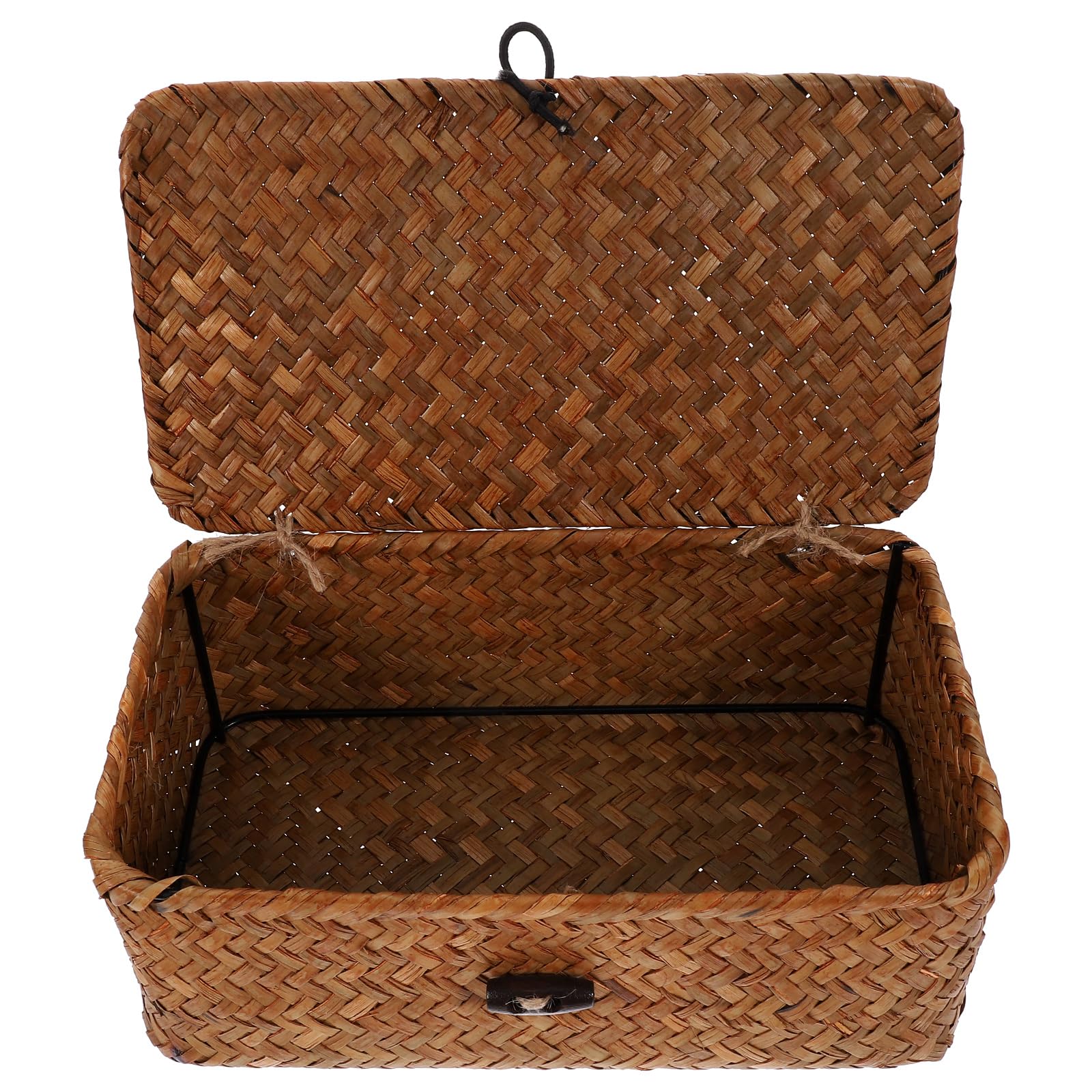 Gatuida Rectangular Wicker Baskets with Lids, Seagrass Storage Baskets with Button Multipurpose Container for Desktop,Size S